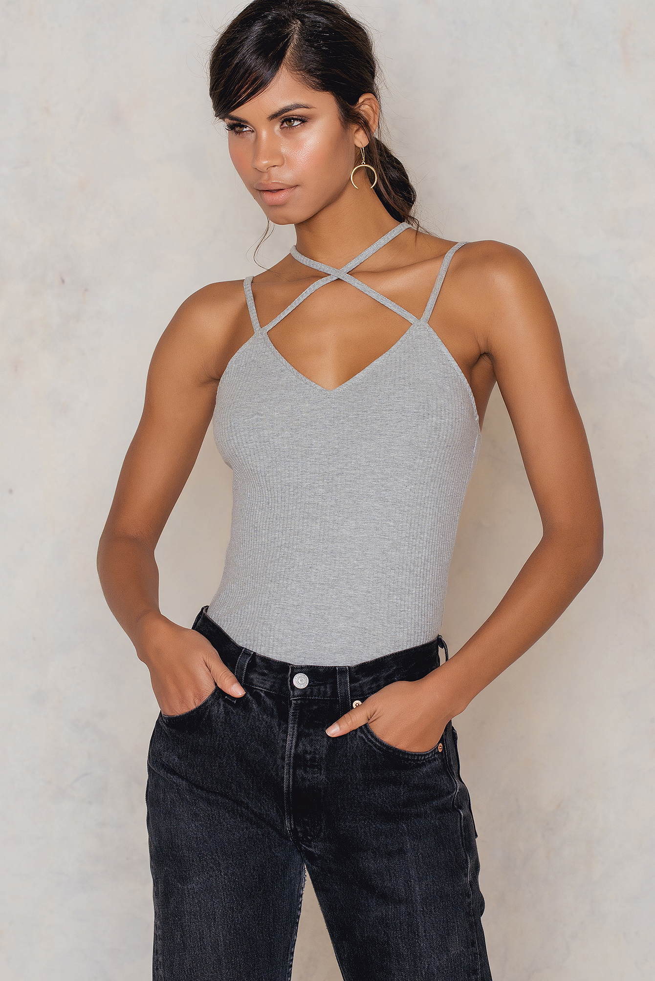 Rib Cross Double Strap Jersey Singlet Grey | NA-KD