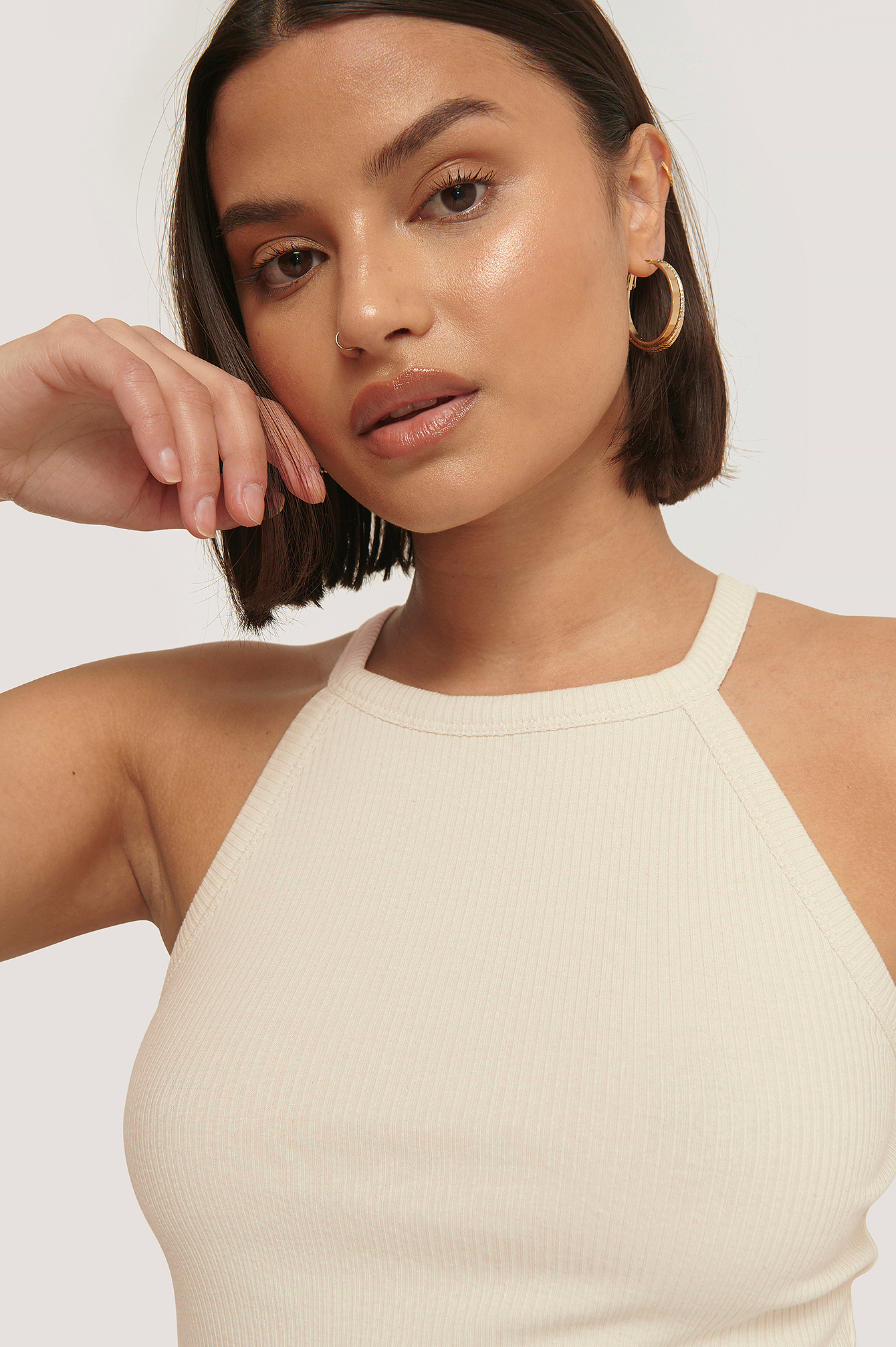 Rib Round Neck Singlet Beige | NA-KD