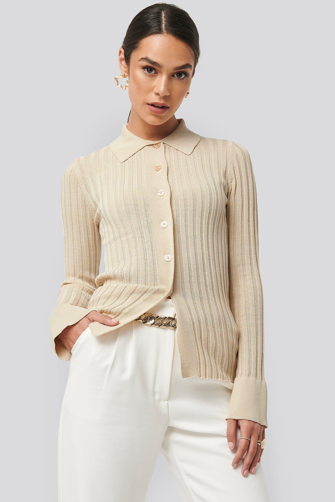 Ribbed Buttoned Knitted Sweater Beige | NA-KD
