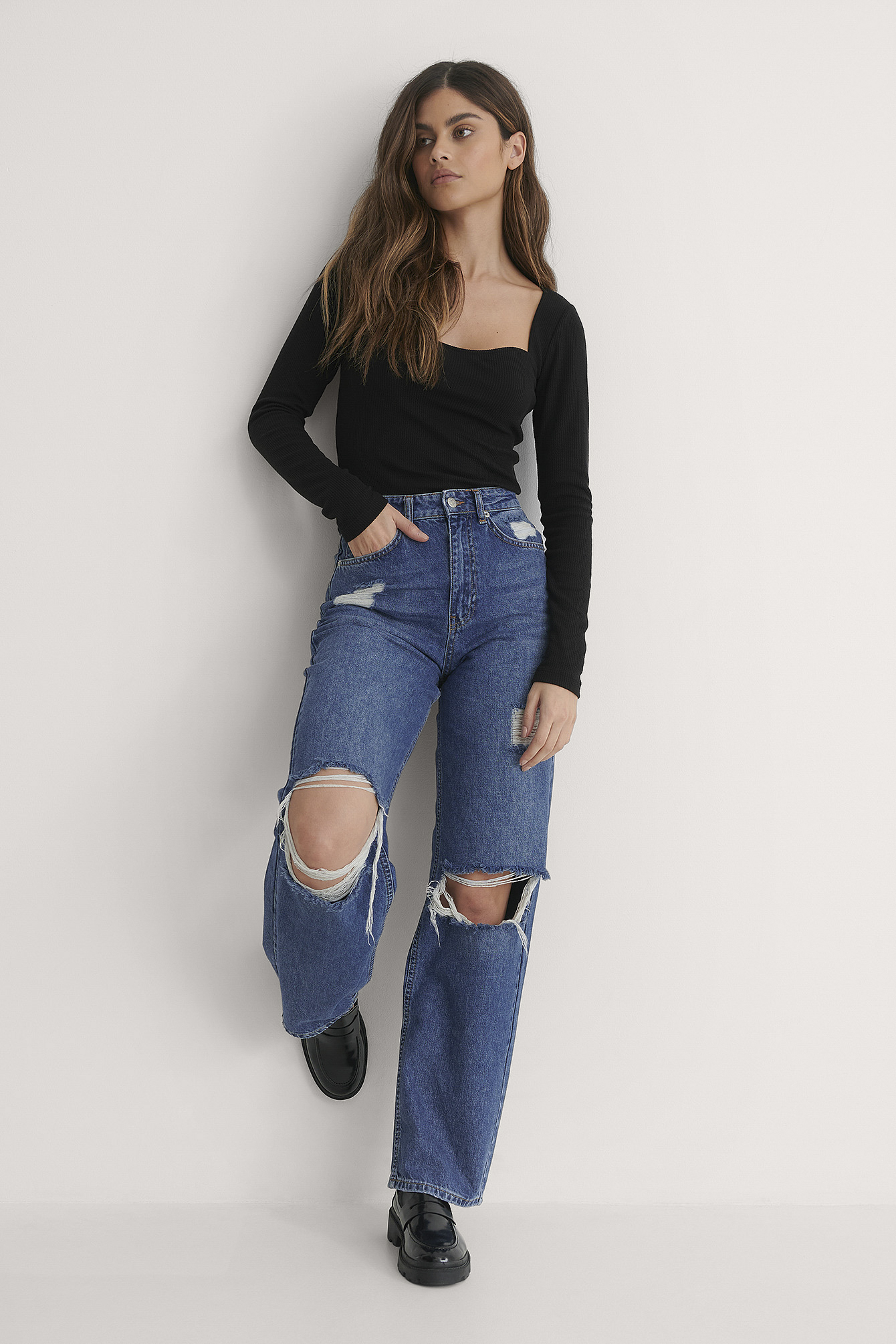 Ribbed Heart Neckline Top Black | na-kd.com