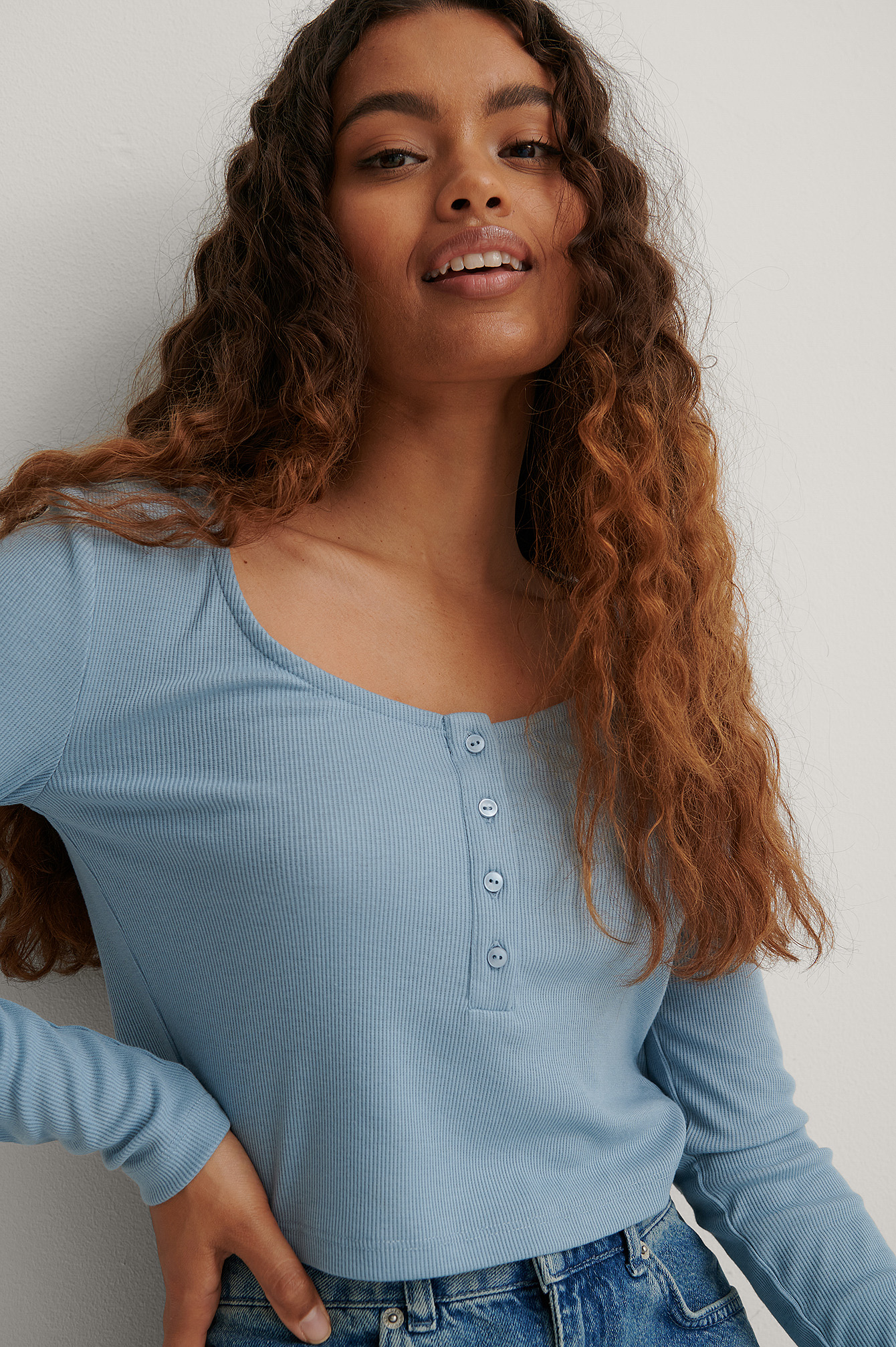 Ribbed Henley Crop Top Blue | NA-KD