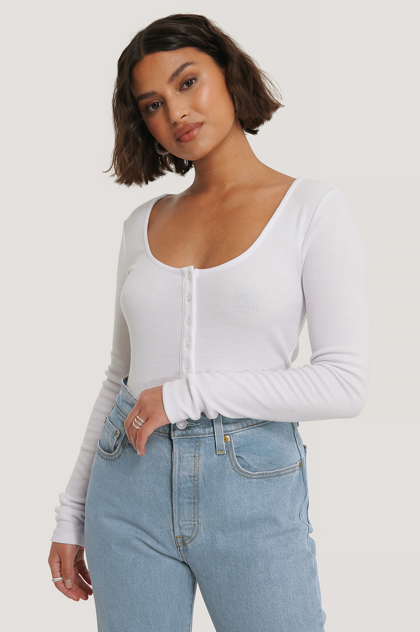 Ribbed Henley Top White | NA-KD