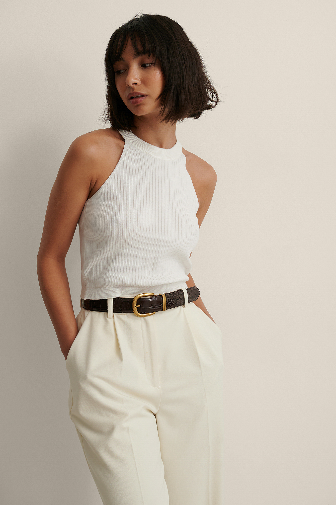 Ribbed High Neck Cropped Knitted Singlet Offwhite | NA-KD