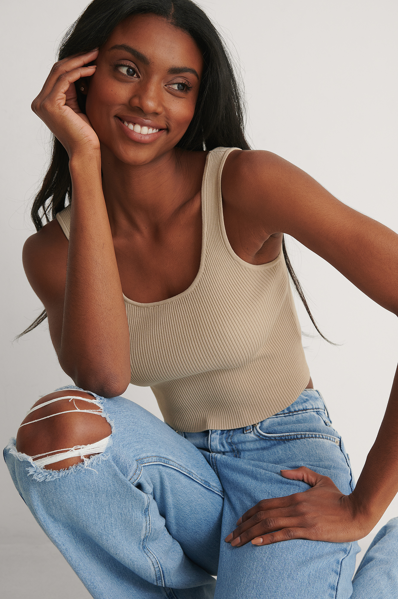 Ribbed Knitted Singlet Beige | NA-KD