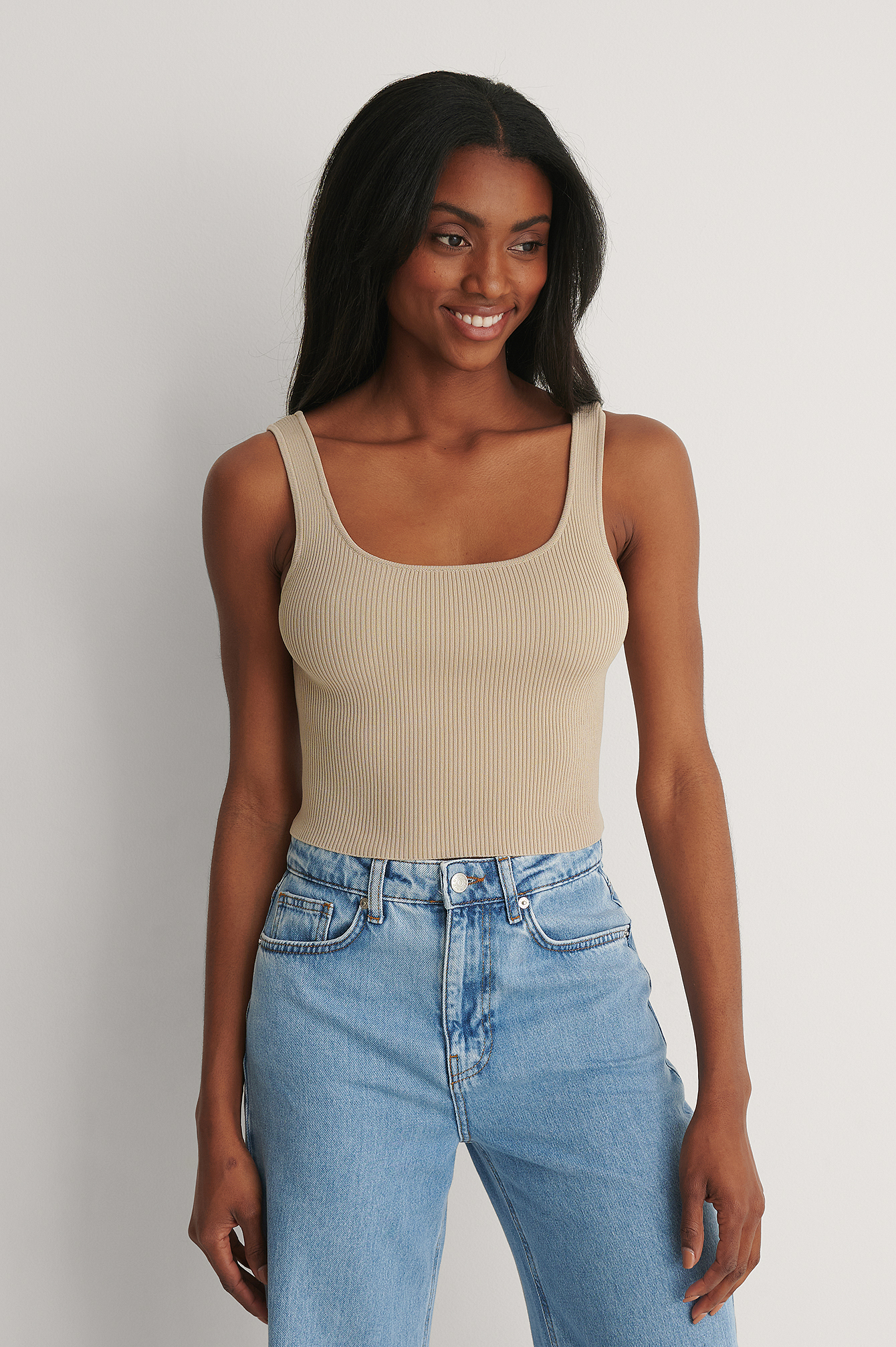 Ribbed Knitted Singlet Beige | na-kd.com