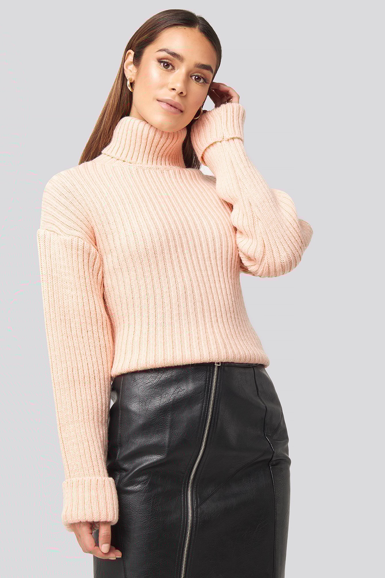Ribbed Knitted Turtleneck Sweater Pink | NA-KD