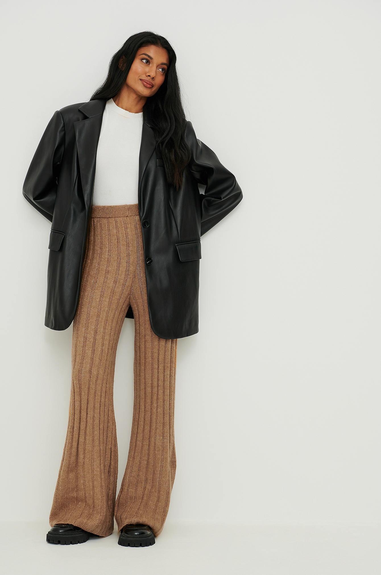 Ribbed Knitted Wide Pants Beige | na-kd.com