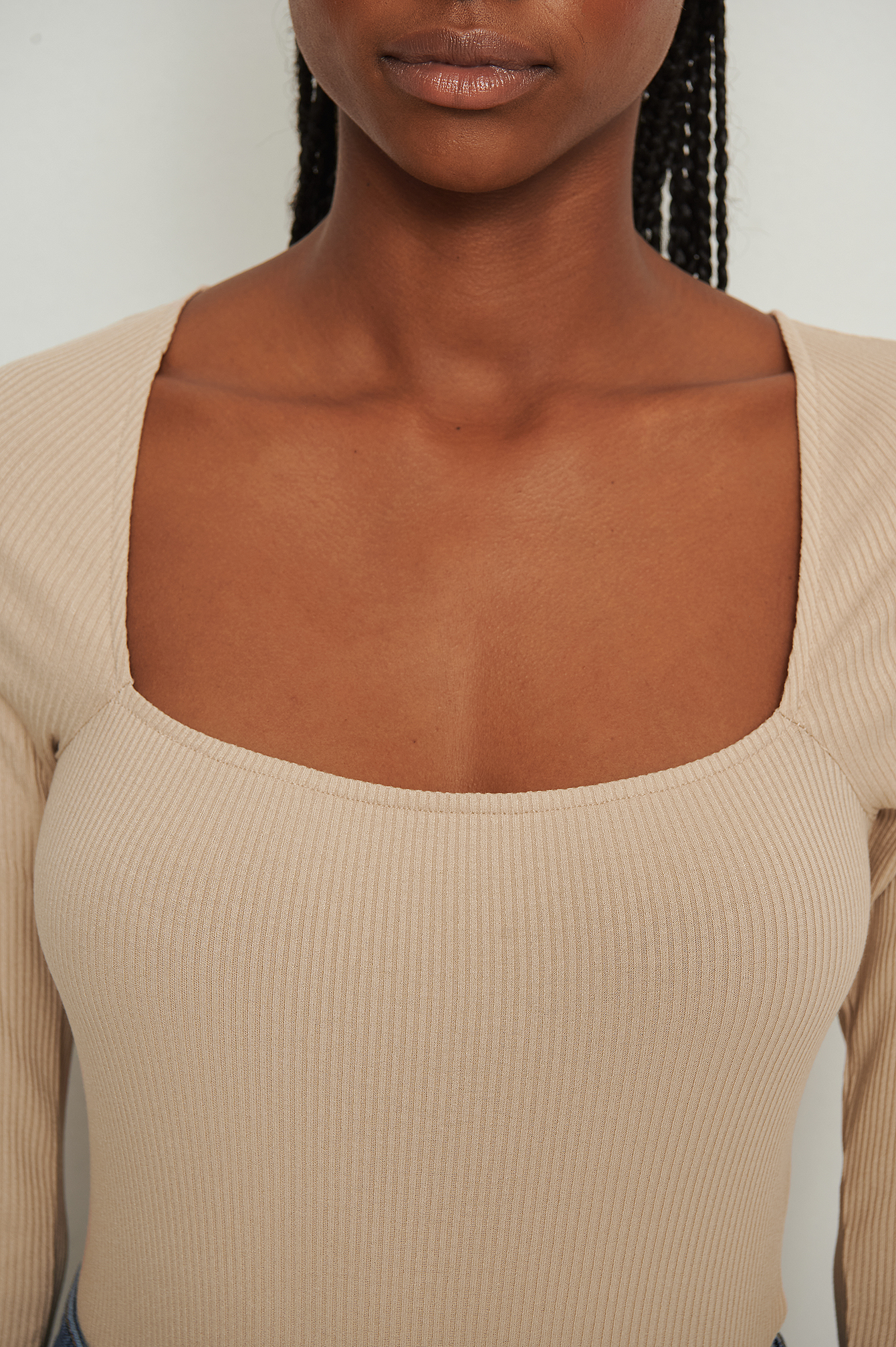 Ribbed Square Neck Detail Top Beige | na-kd.com