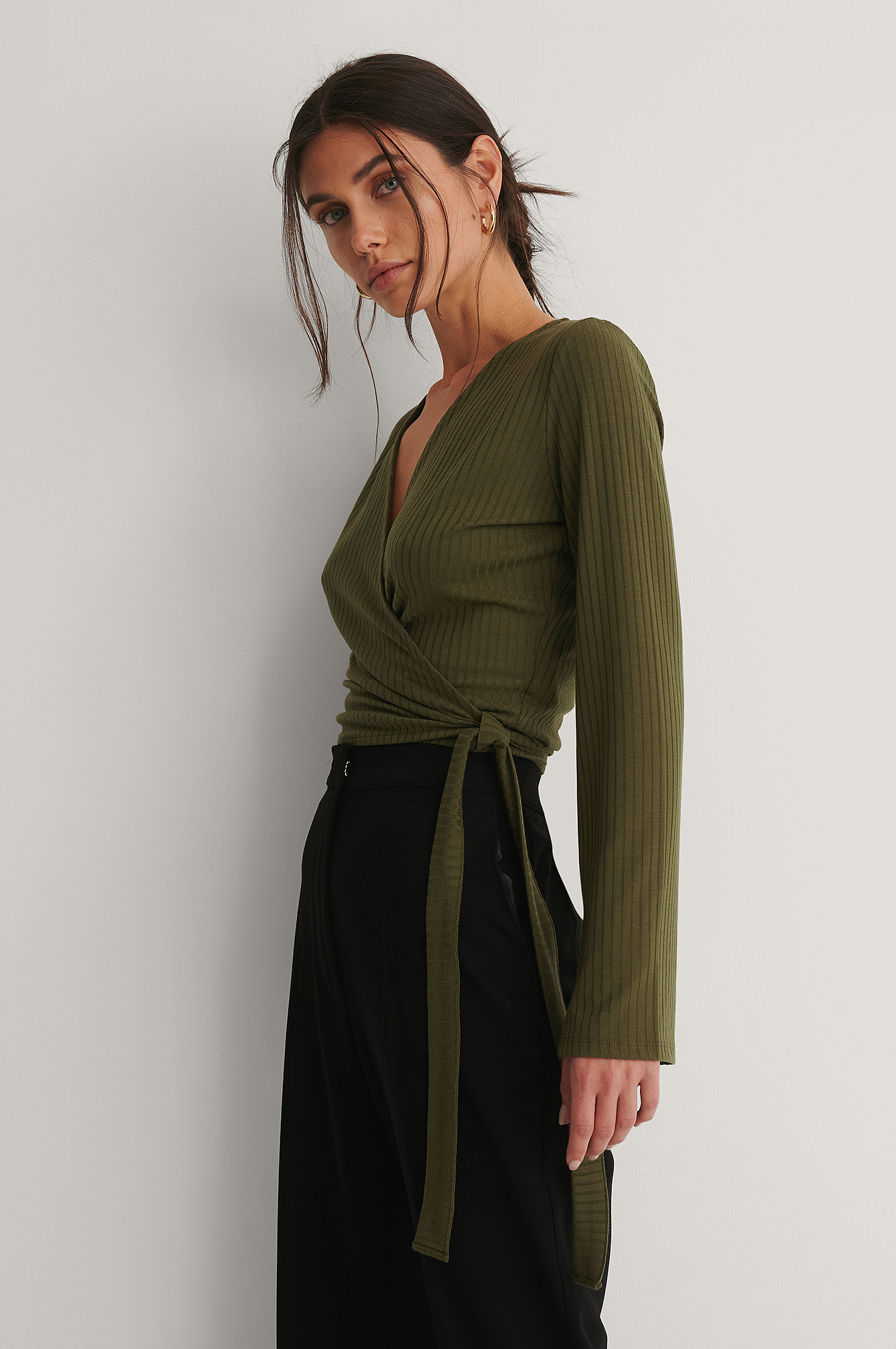 Ribbed Wrap Tie Top Green | NA-KD