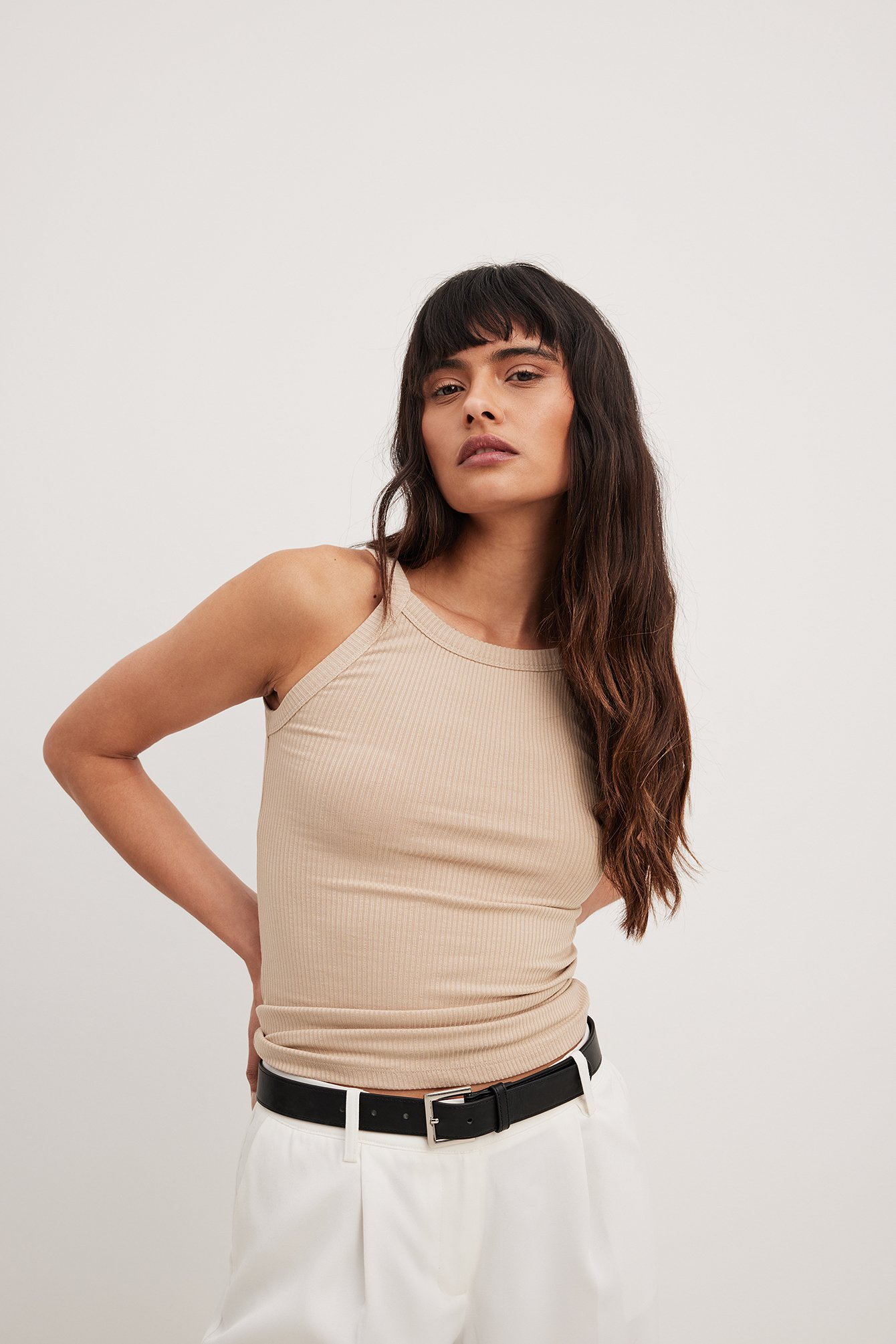 Round Neck Rib Singlet Beige | NA-KD