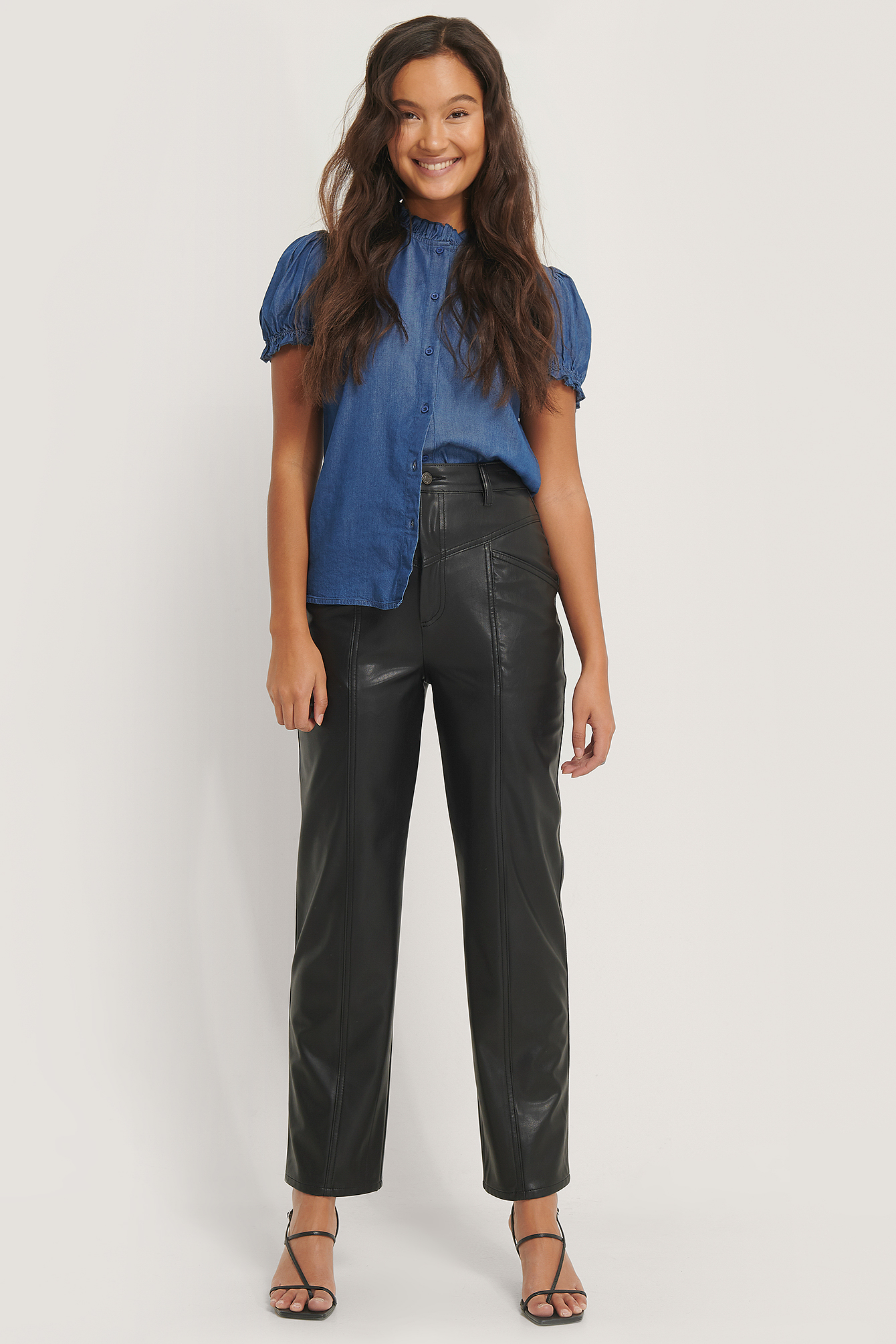 Ruffle Detail Denim Blouse Blue | na-kd.com