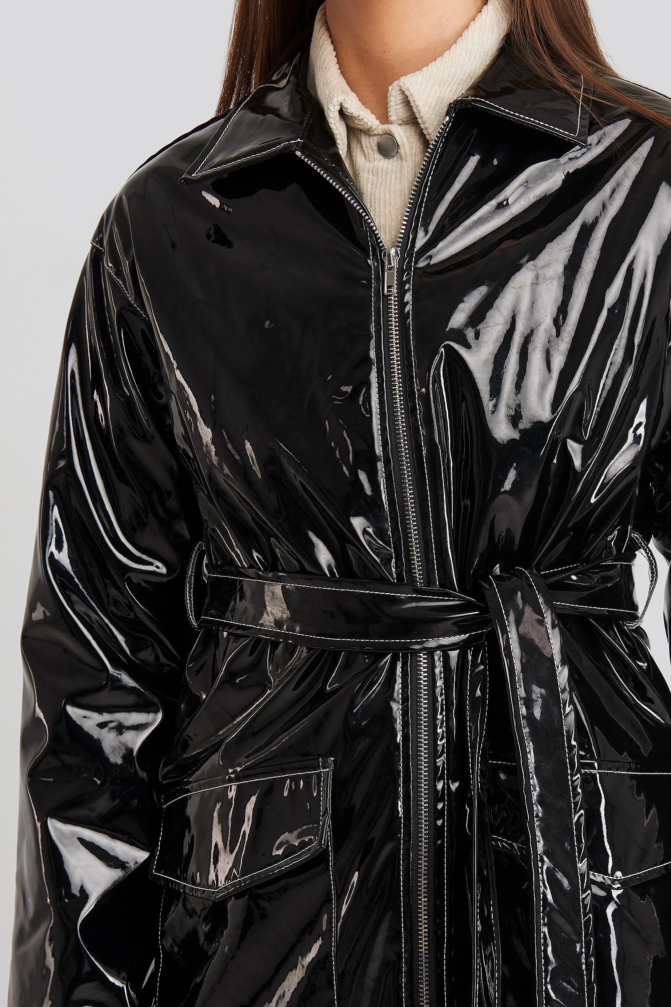 Shiny Contrast Seam Pu Jacket Black | na-kd.com