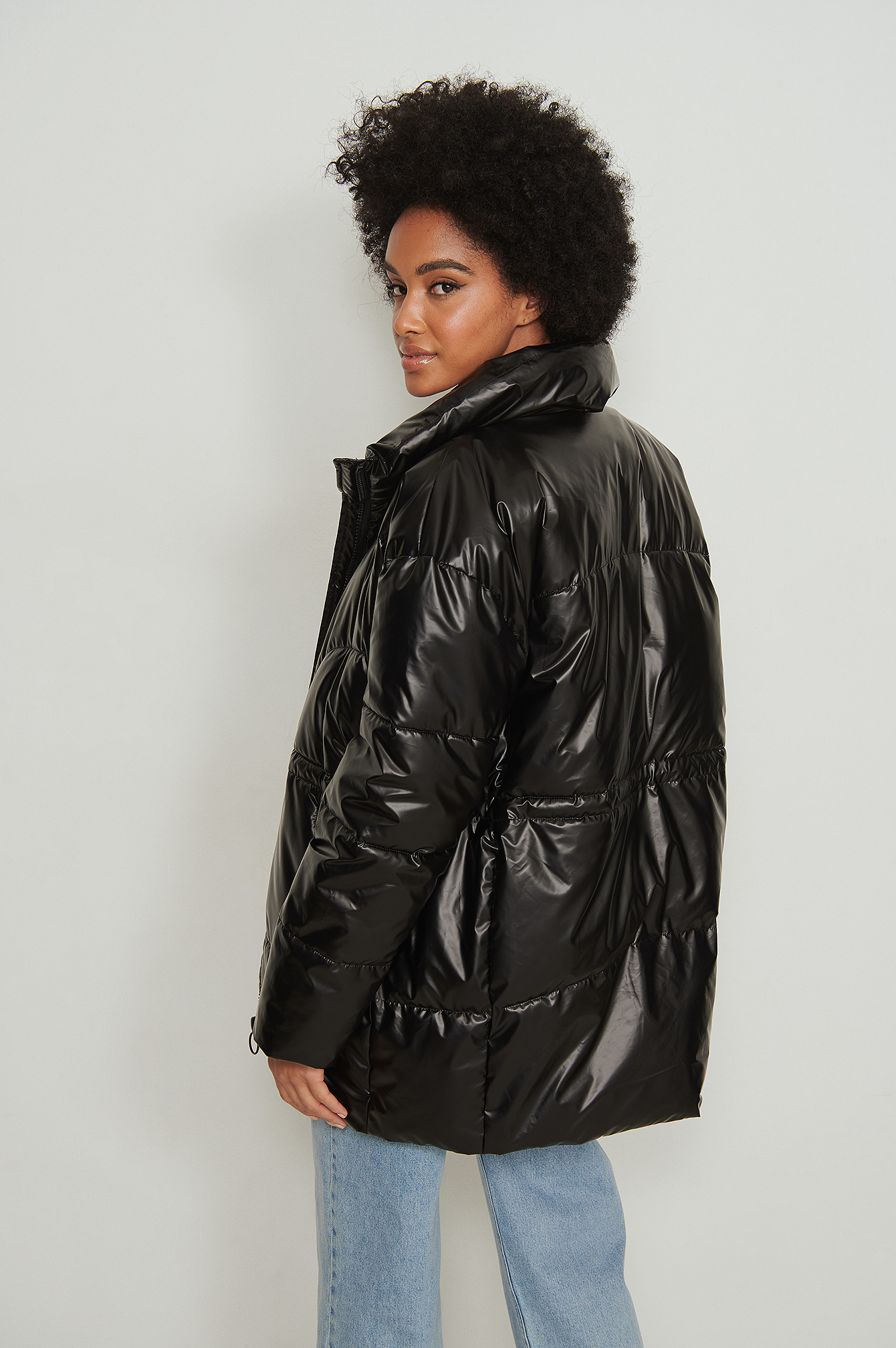 Shiny Padded Drawstring Jacket Black | na-kd.com