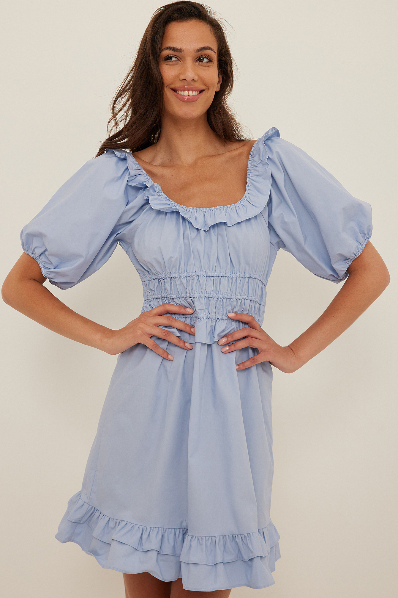 Organic Shirred Cotton Mini Dress Blue | na-kd.com