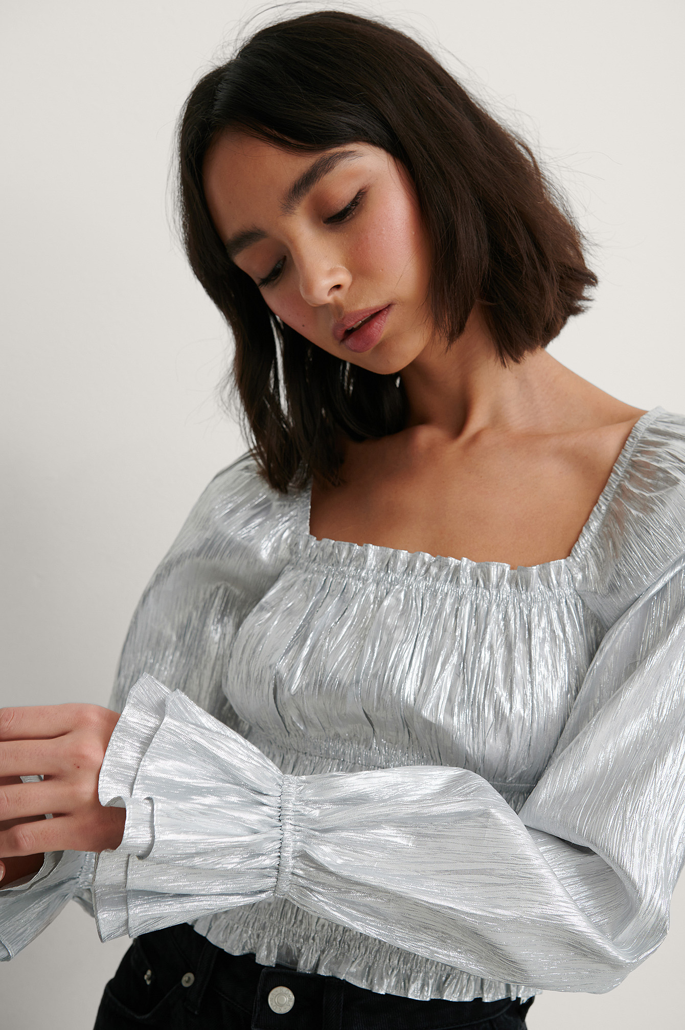 Shirred Structured Metallic Blouse Silver | NA-KD
