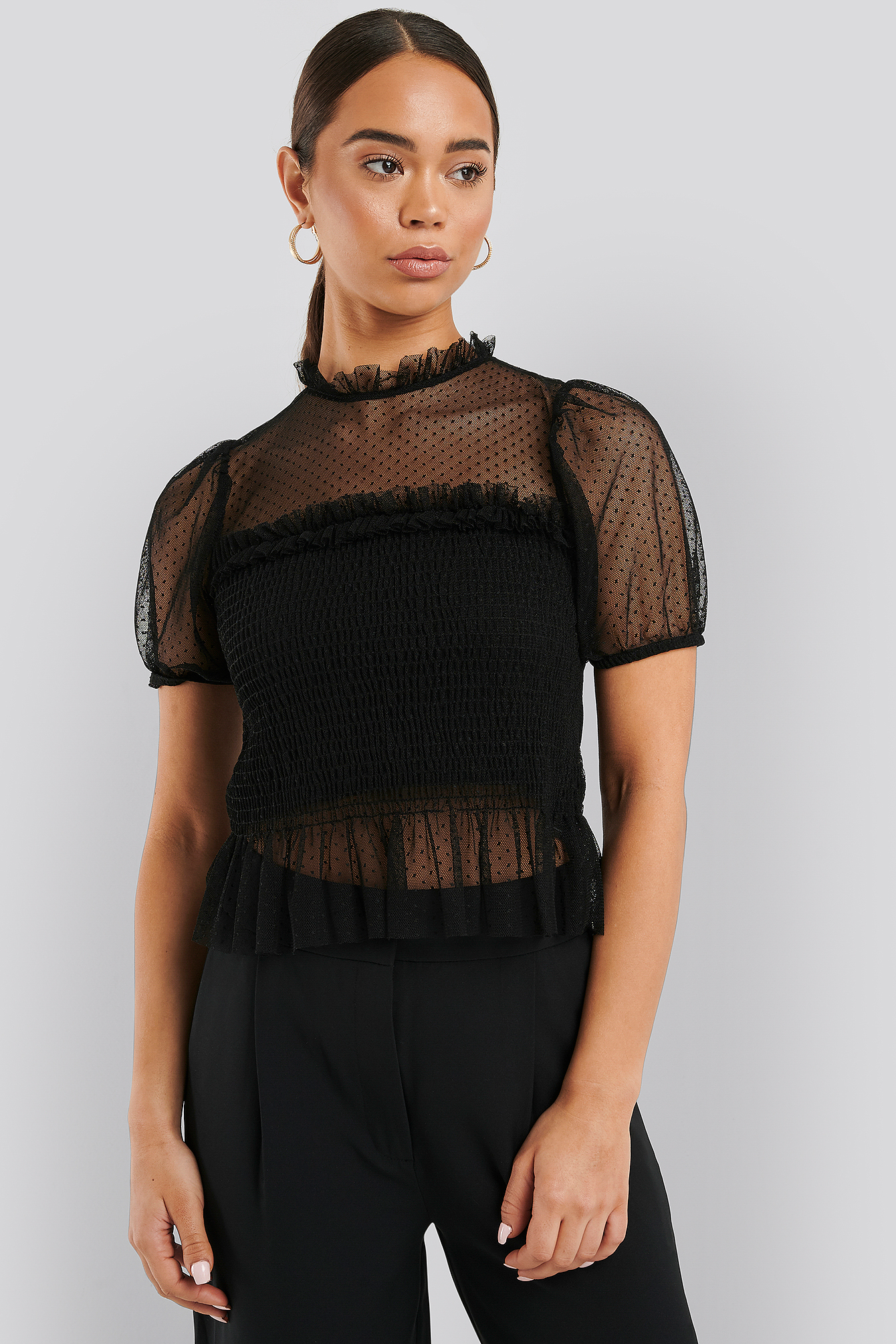 Short Sleeve Lace Blouse Black | NA-KD