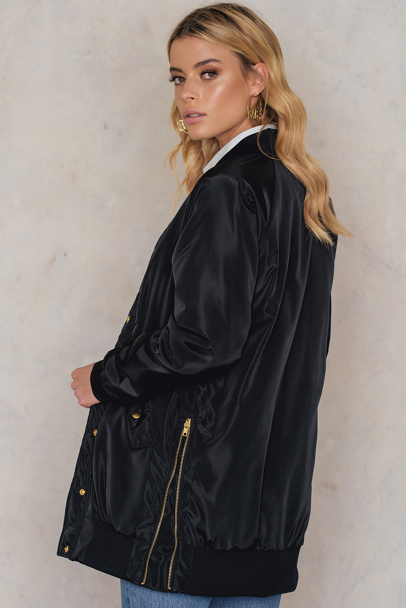 Side Zippers Long Bomber Jacket Black | na-kd.com