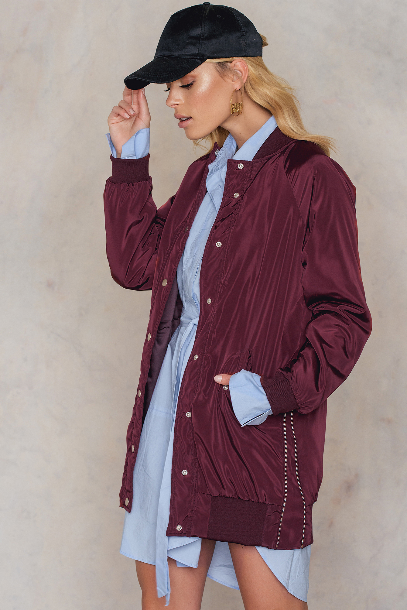 Side Zippers Long Bomber Jacket Red | NA-KD