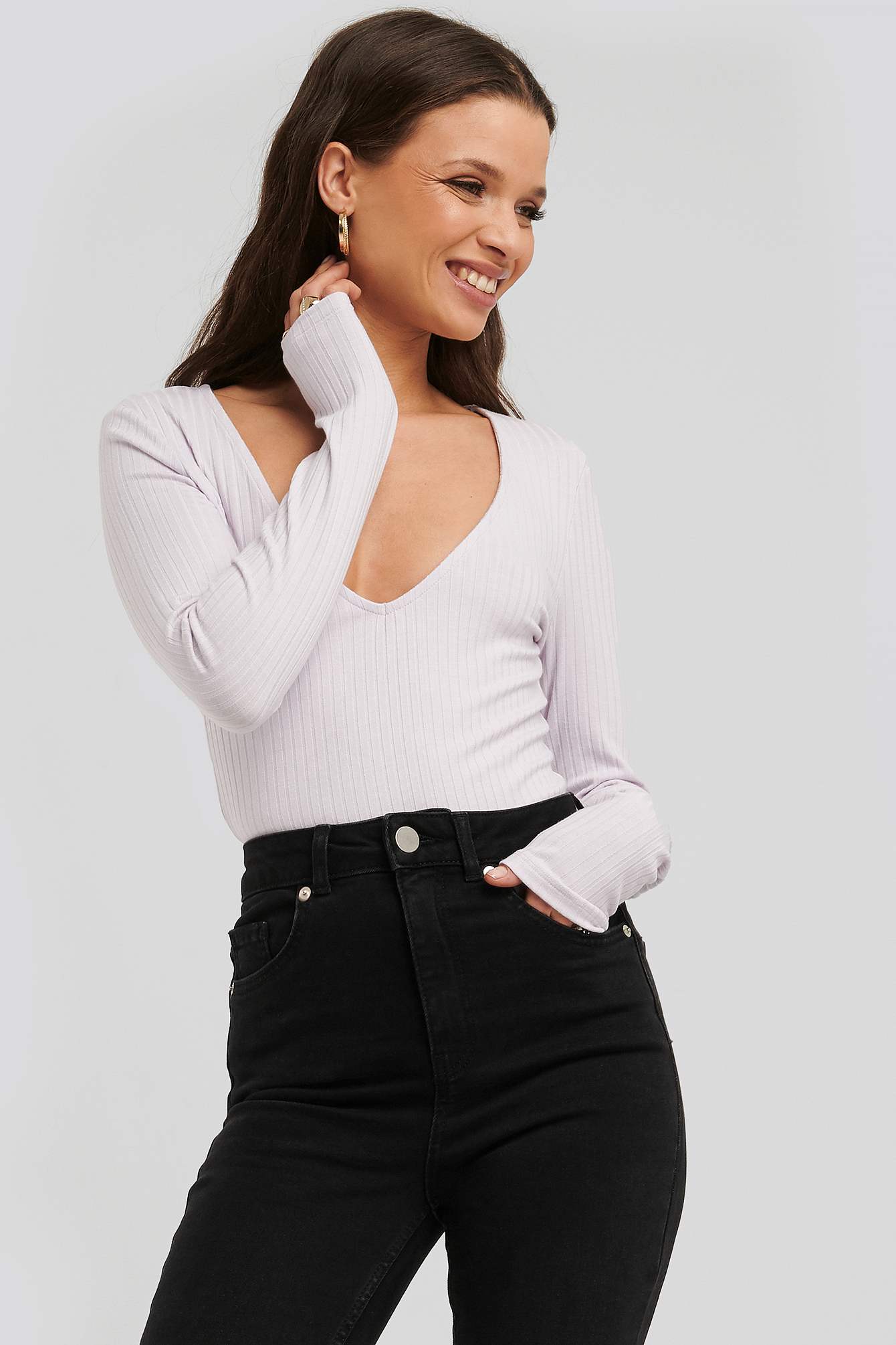 Ribbed V-Neck Top Violet | NA-KD