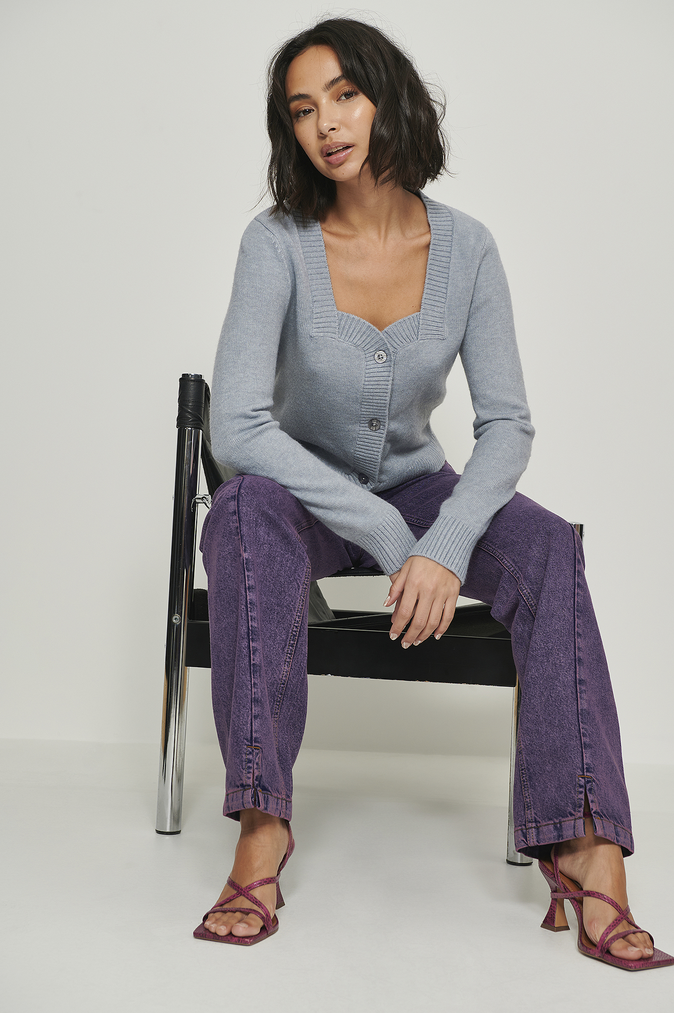 Square Neck Knitted Cardigan Blue | na-kd.com