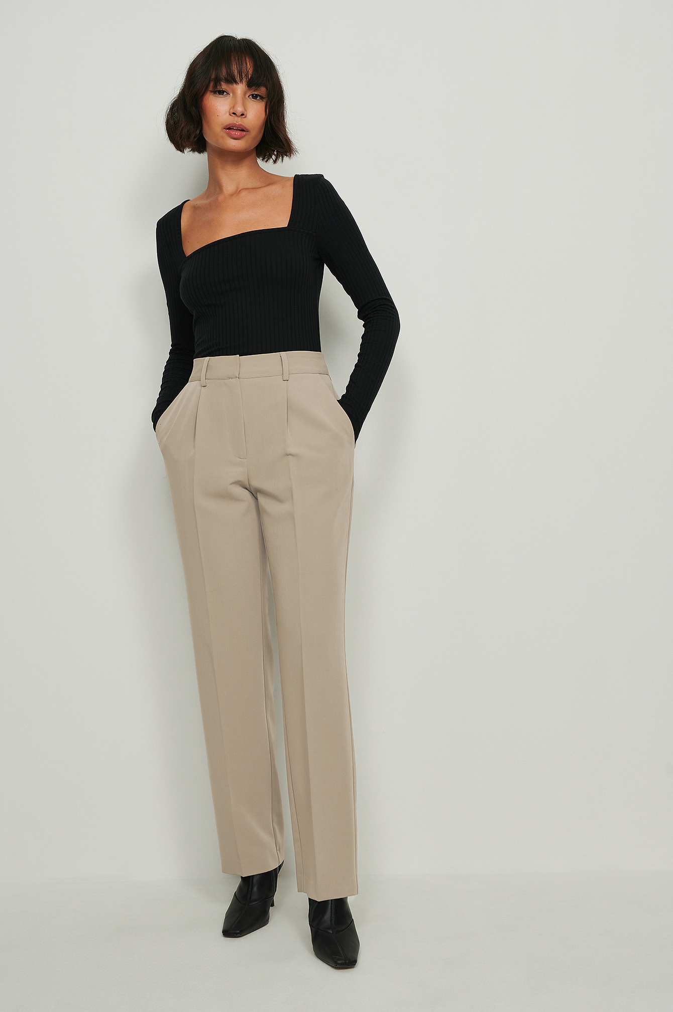 Square Neck Rib Long Sleeve Top Black | na-kd.com