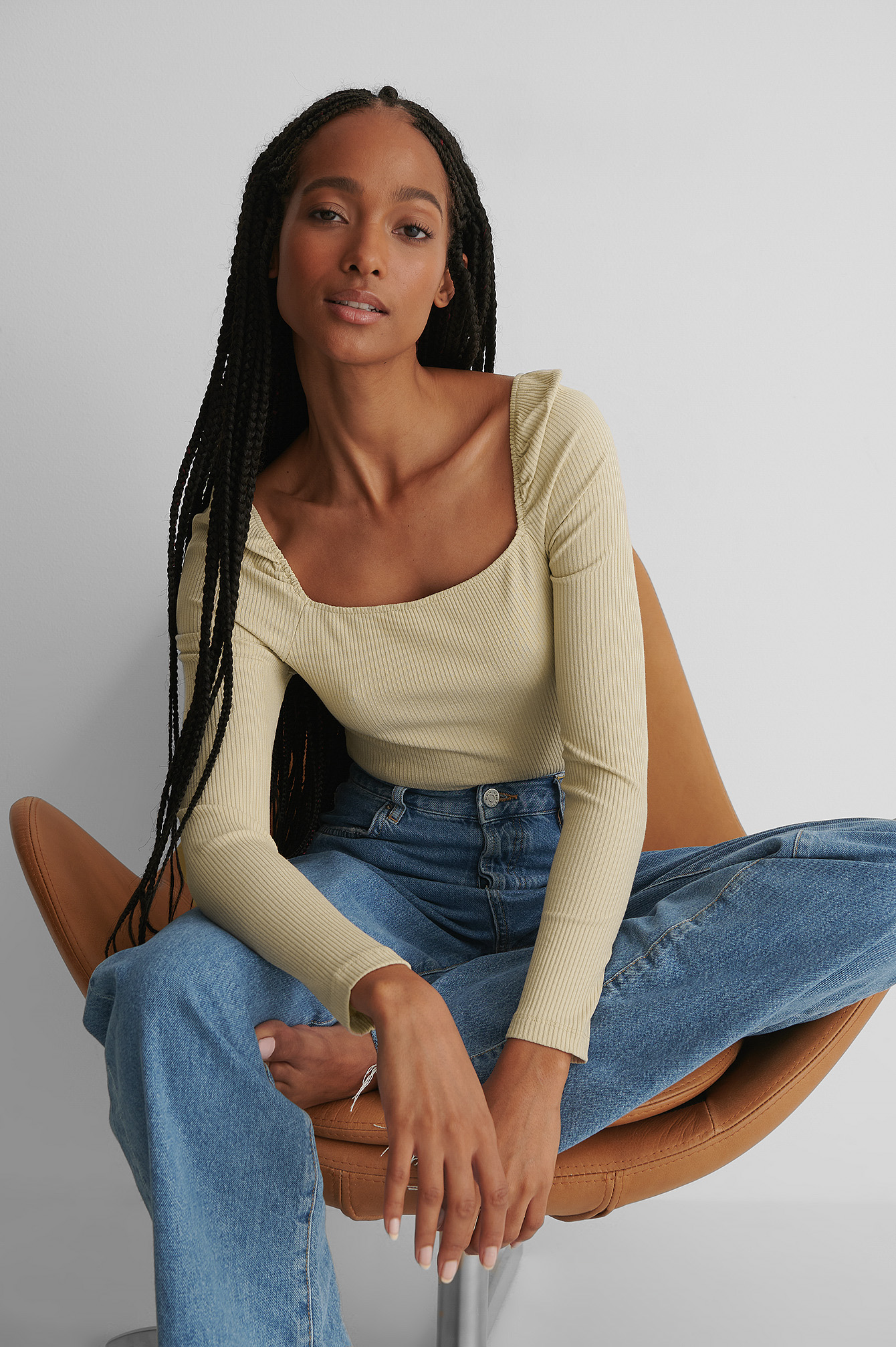 Square Neck Rib Top Beige | NA-KD