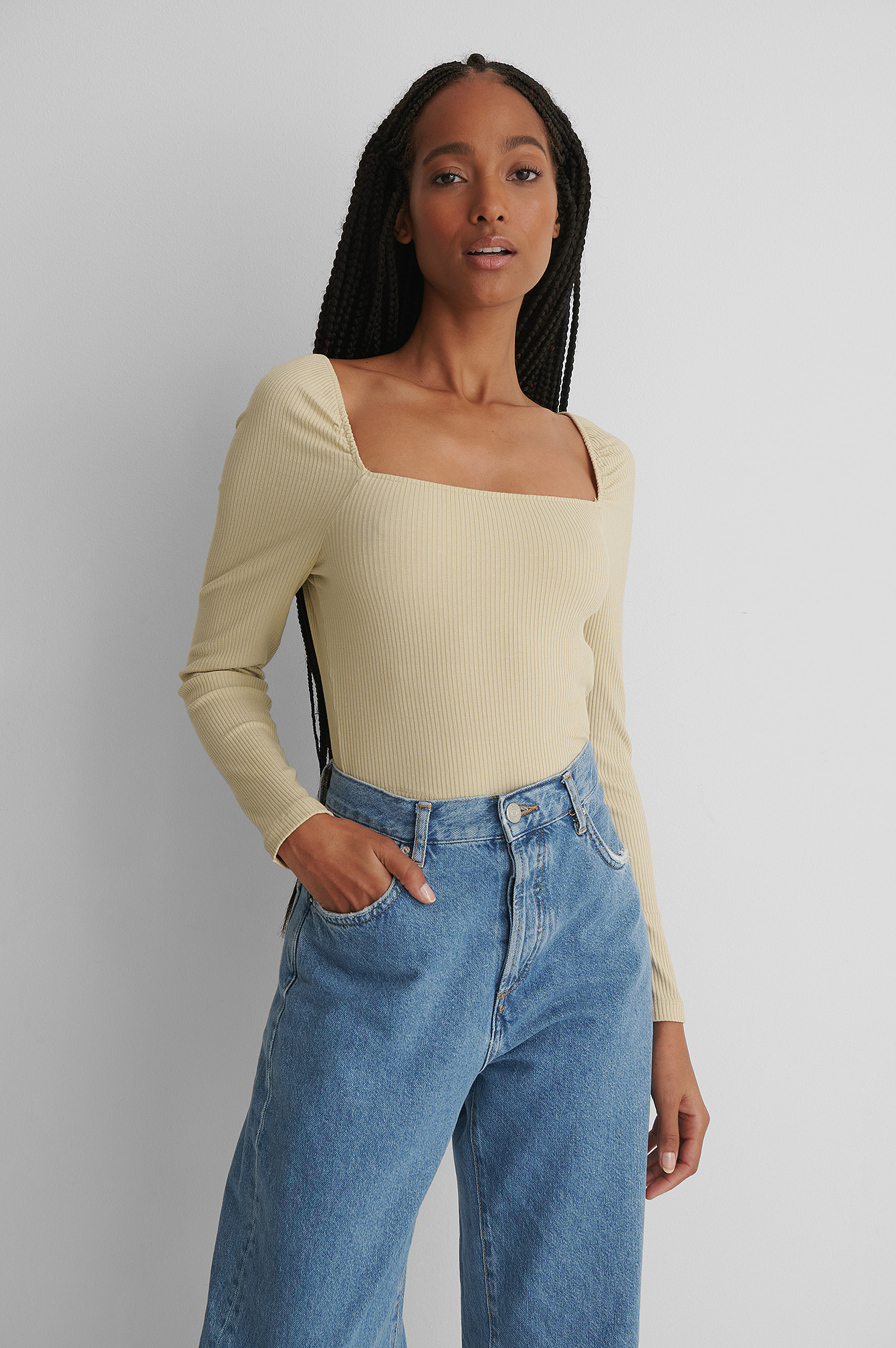 Square Neck Rib Top Beige | na-kd.com