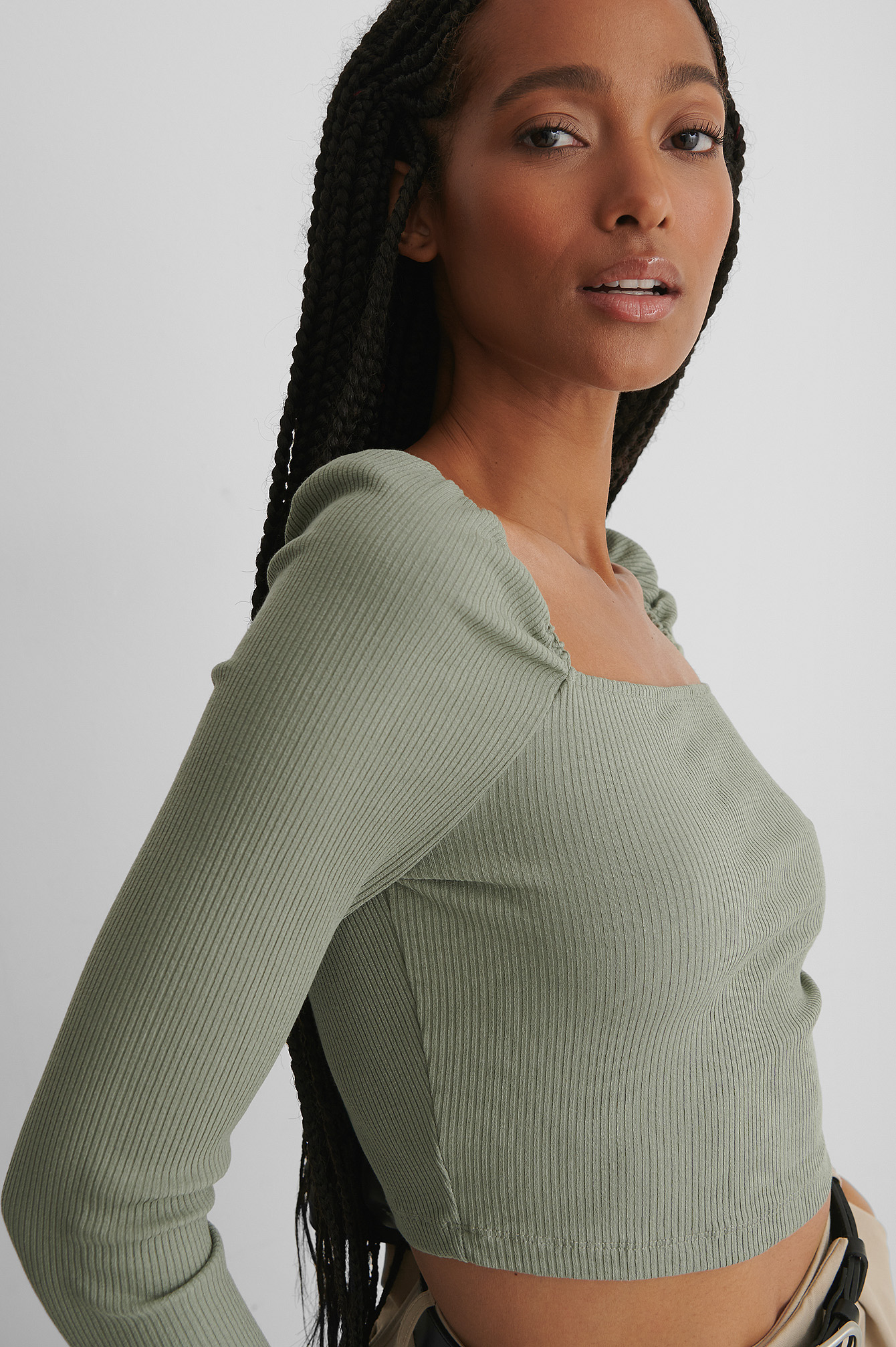 Square Neck Rib Top Green | NA-KD