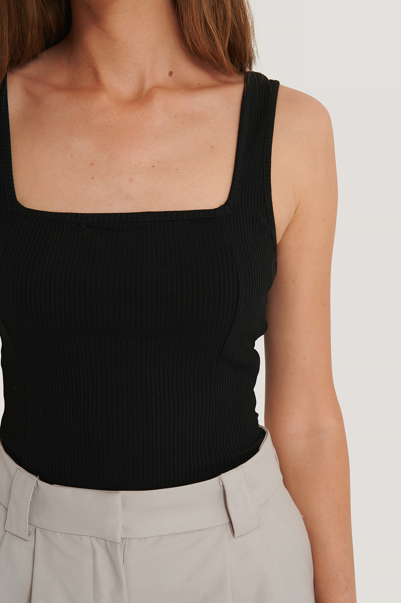 Square Neck Ribbed Singlet Black | na-kd.com