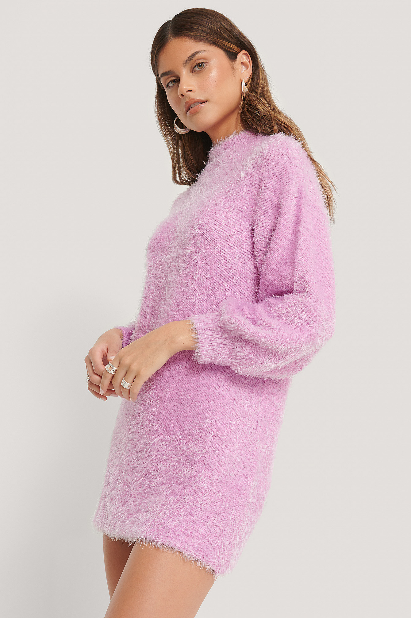 Chunky Knitted Fuzzy Dress Pink | na-kd.com