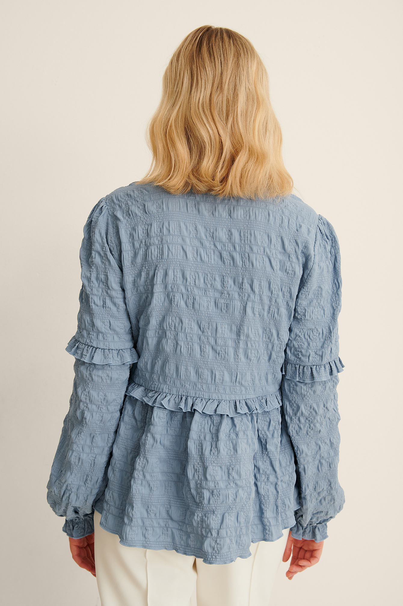 Recycled Structured LS Frill Blouse Blue | na-kd.com