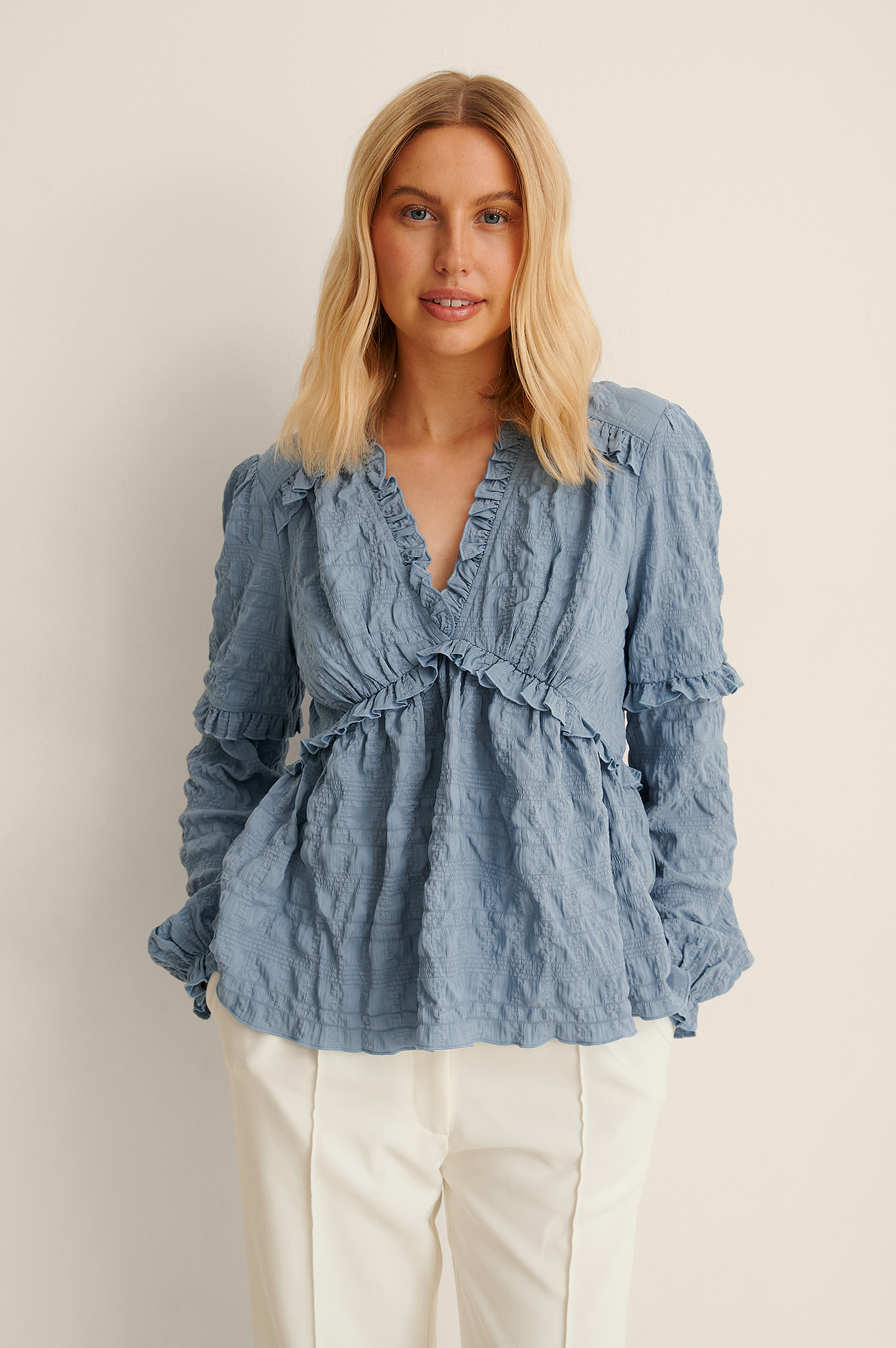 Recycled Structured LS Frill Blouse Blue | na-kd.com