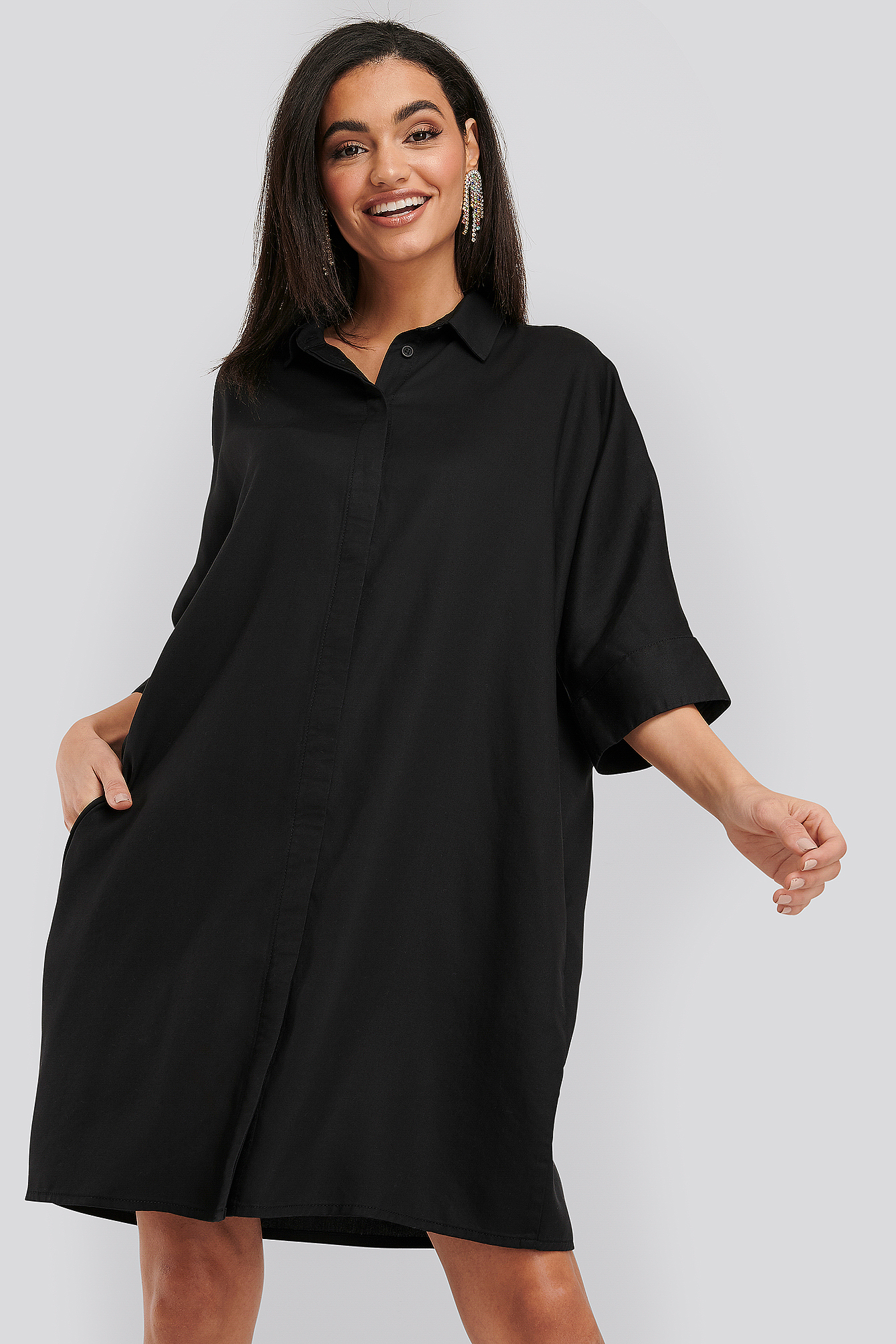 Tencel Boxy Short Sleeve Dress Black | NA-KD