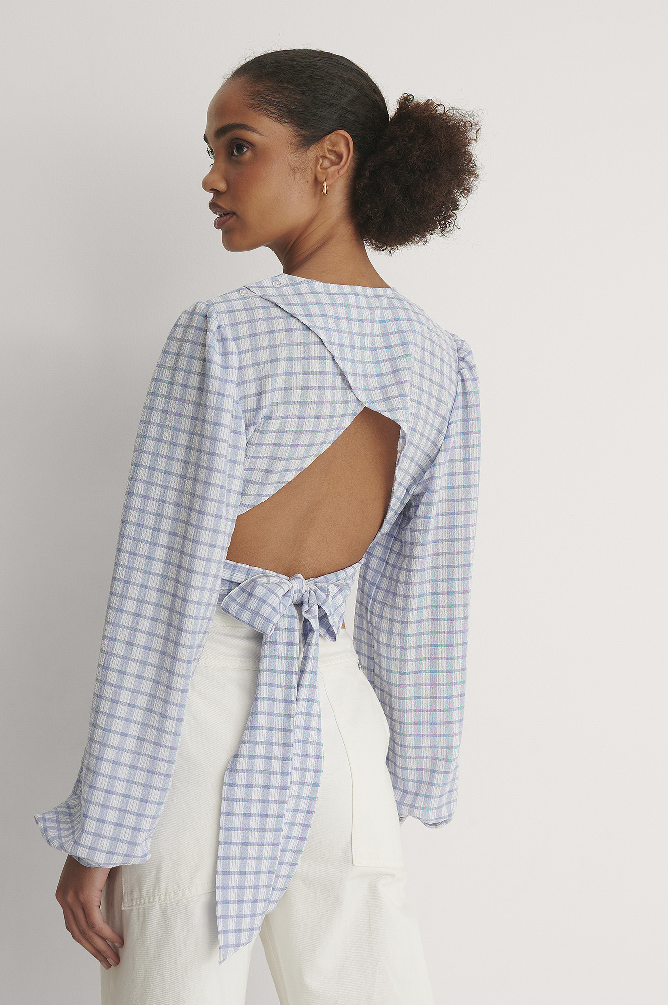 Tie Back LS Check Blouse Blue | NA-KD