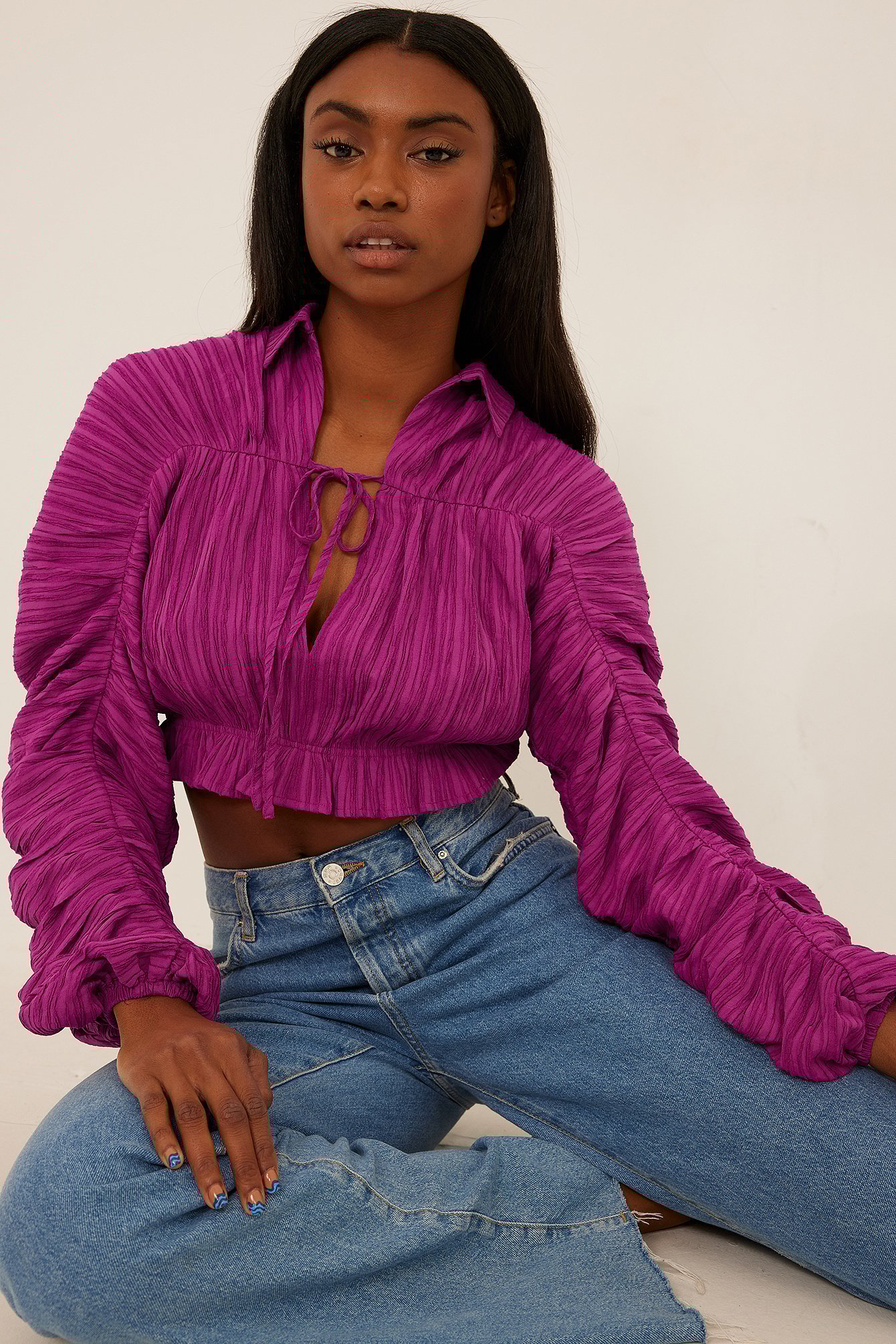 Tie Front Drawstring Blouse Pink | NA-KD