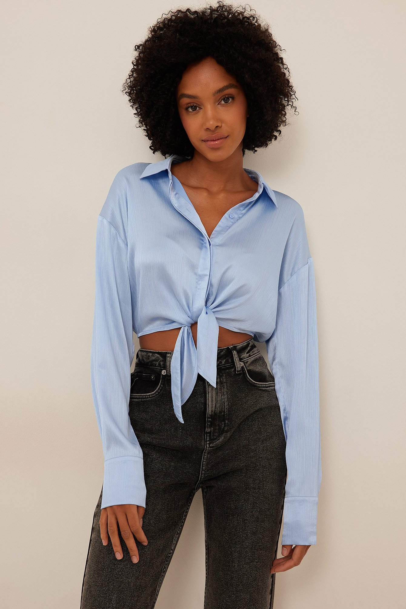 Tie Front Satin LS Blouse Blue | NA-KD