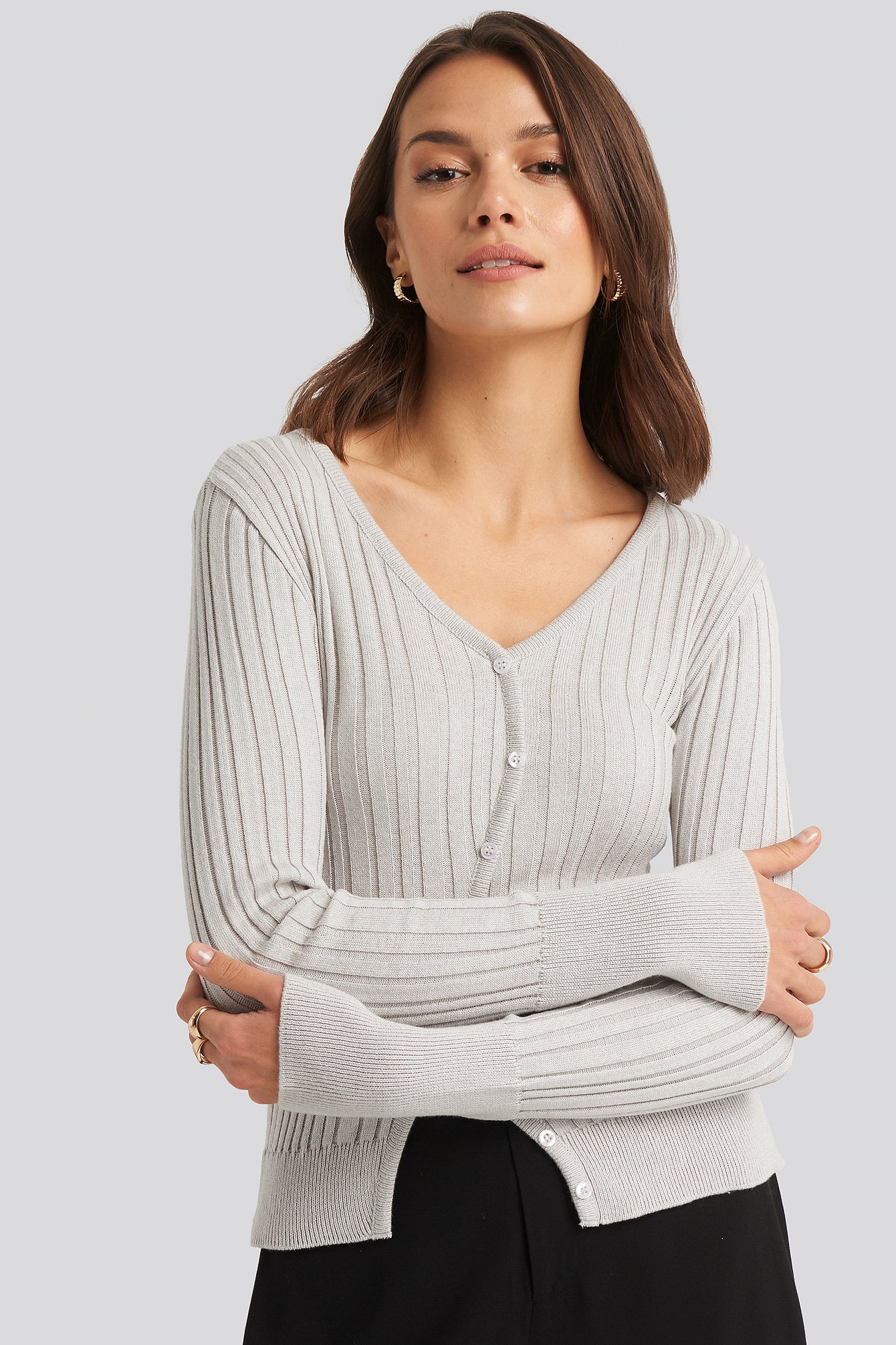 Uneven Rib Button Detail Top Grey | NA-KD