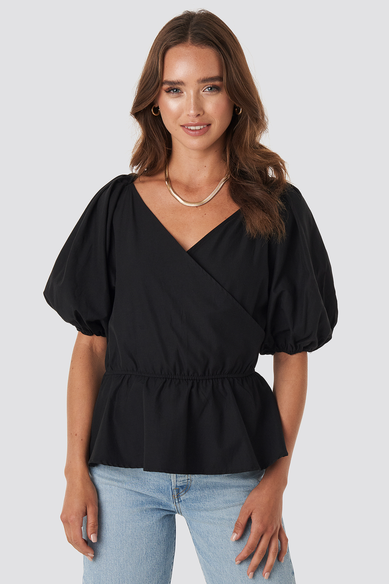 V Neck Wrap Over Elastic Waist Blouse Black | NA-KD