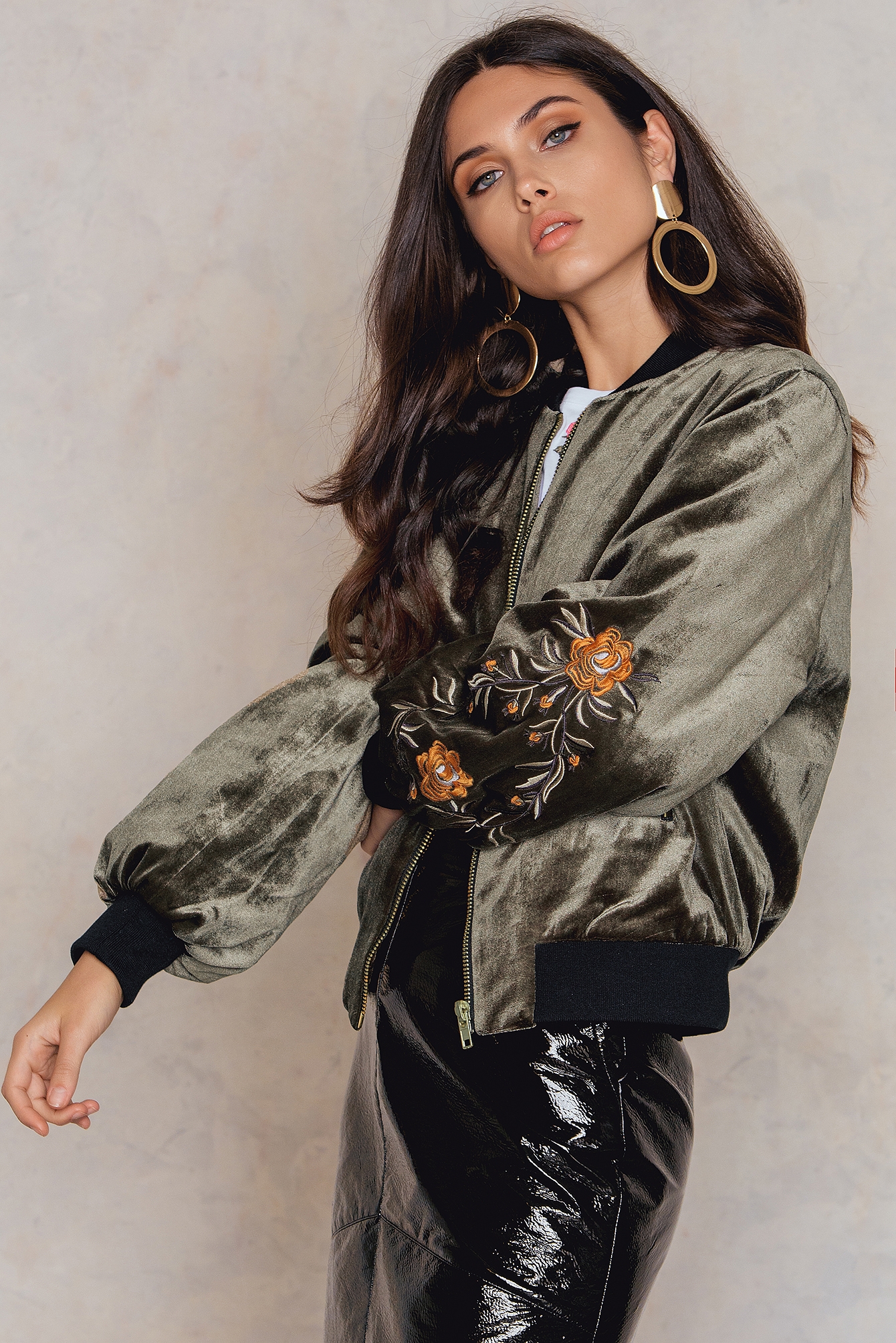 Velvet Sleeve Embroidery Jacket Green | NA-KD