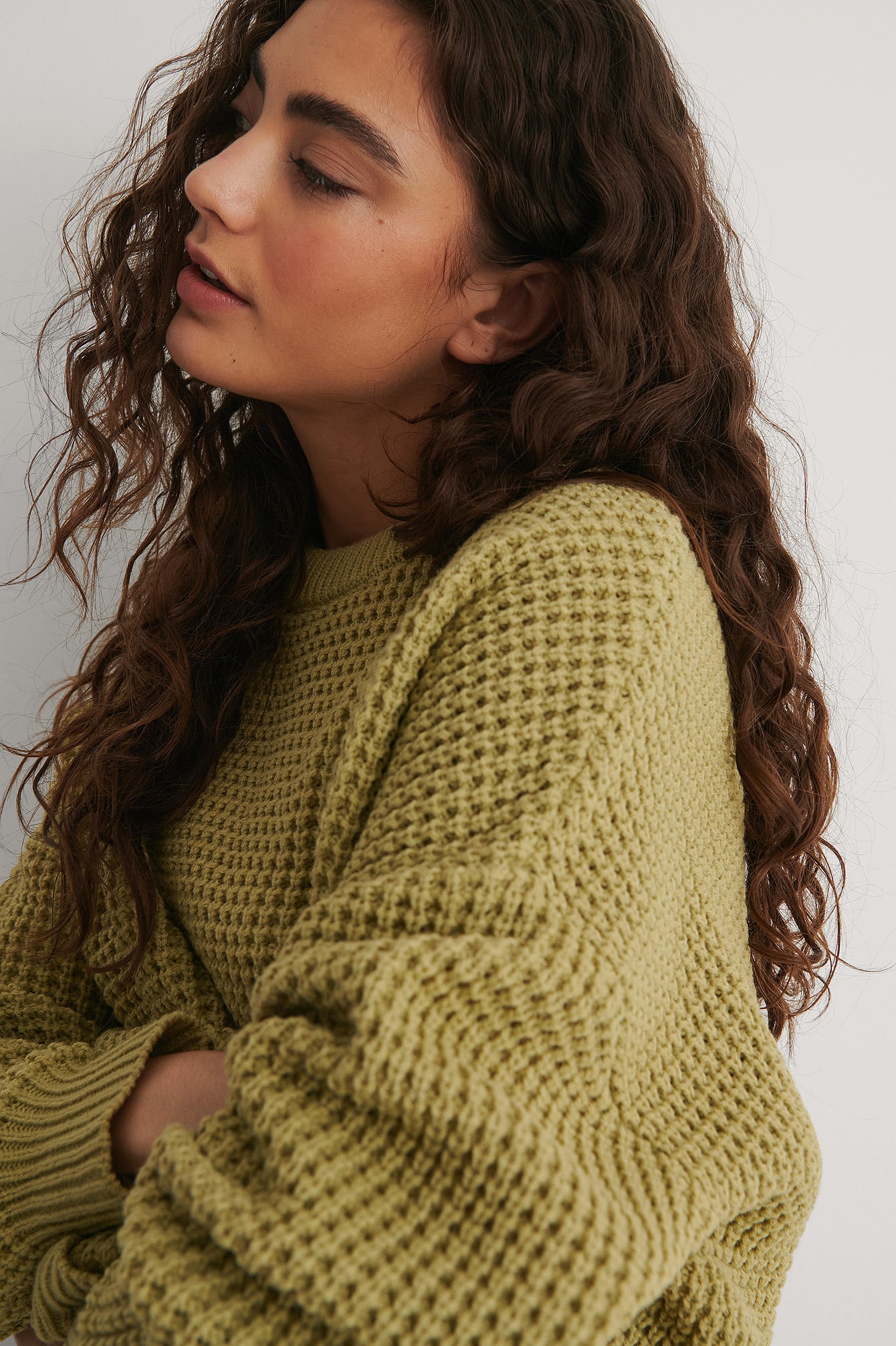 Waffle Knit Round Neck Sweater Green | NA-KD
