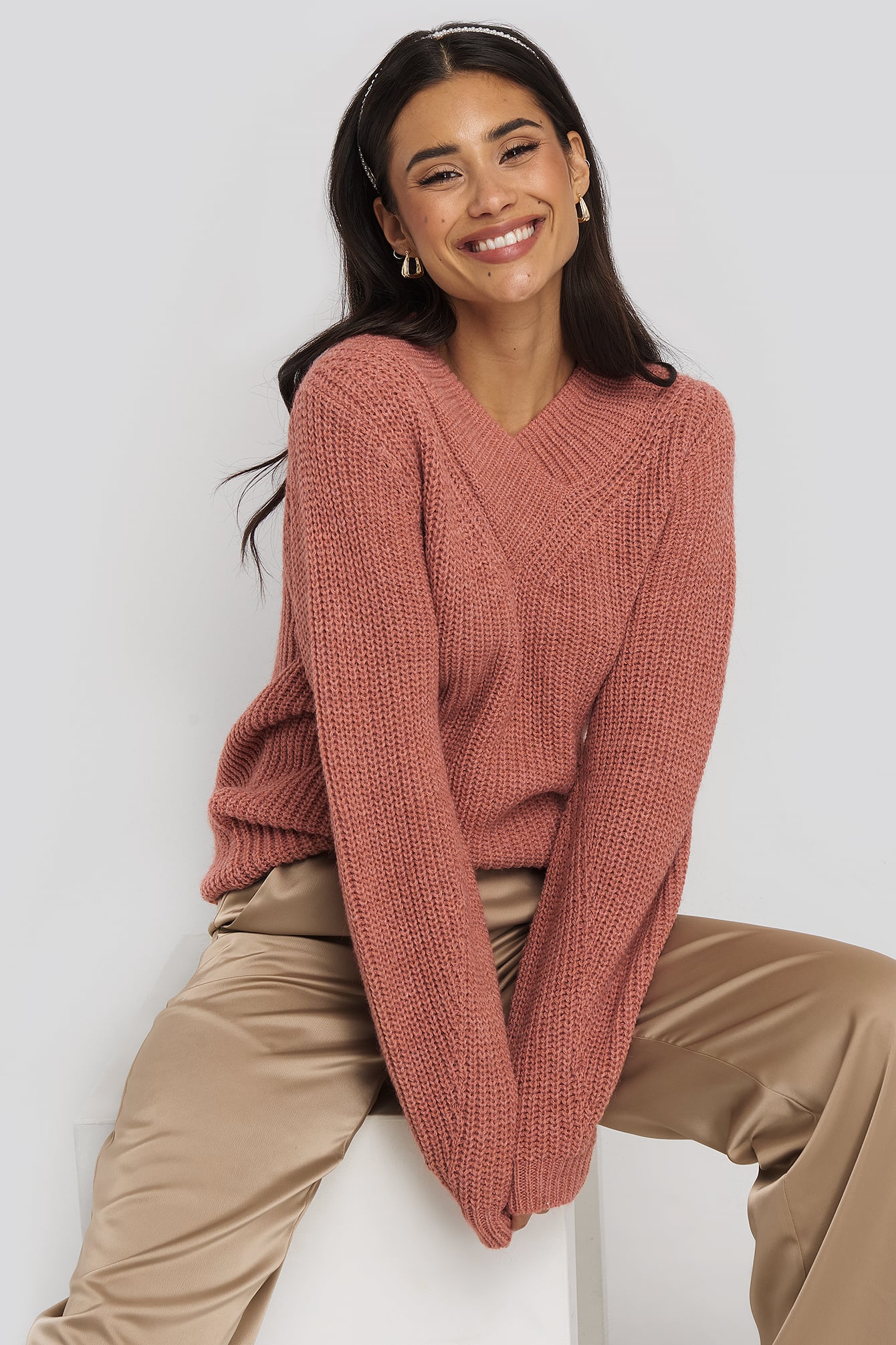 Wide Band V-Neck Ribbed Sweater Red | na-kd.com