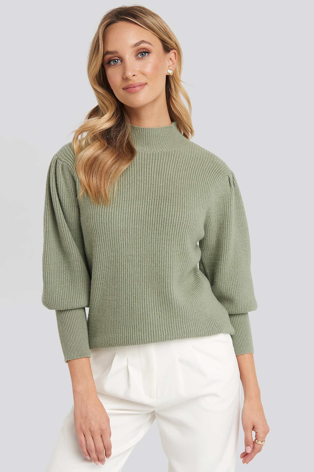 Wide Cuff Balloon Sleeve Knitted Sweater Green | NA-KD