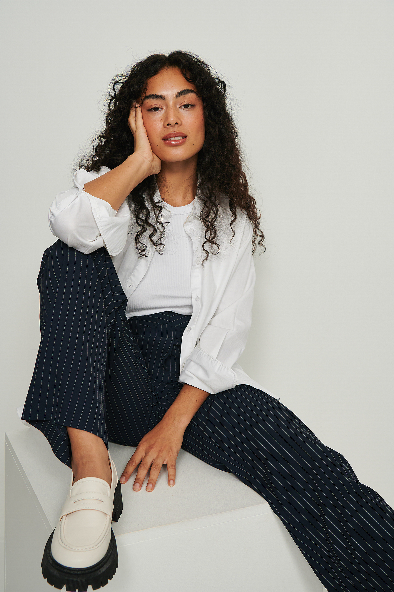 Recycled Wide Leg Pinstriped Pants Navy | na-kd.com