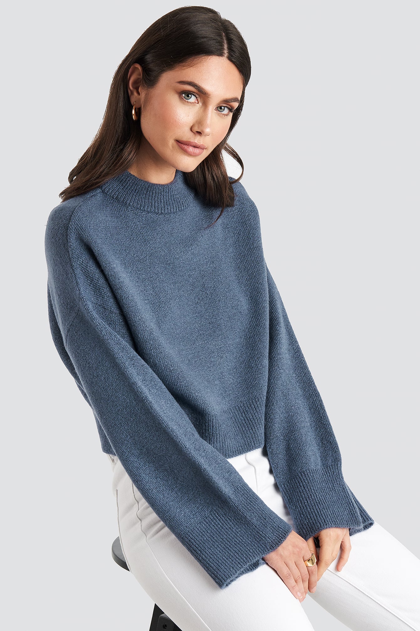Wide Sleeve Round Neck Knitted Sweater Blau | NA-KD