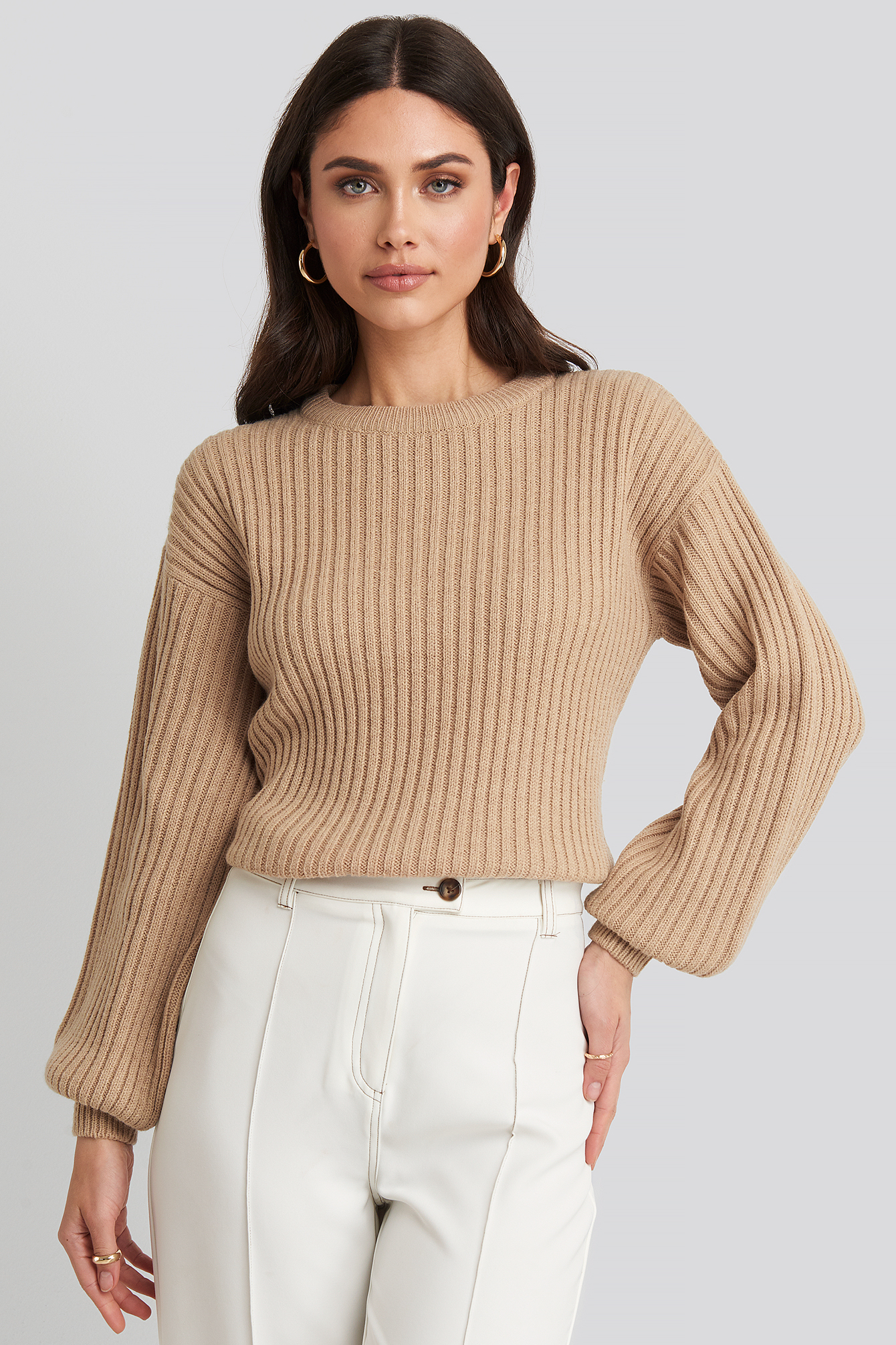 Wool Blend Ribbed Knitted Sweater Beige | NA-KD