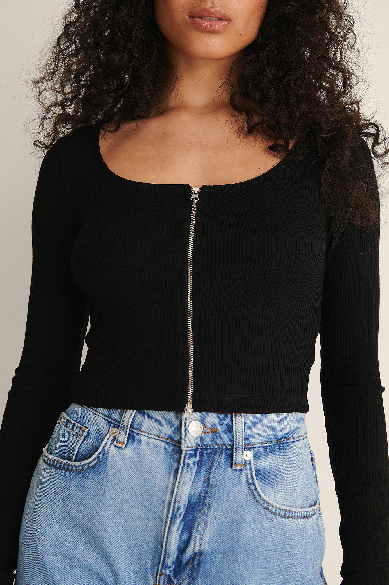 Zip Detail Ribbed Top Black | na-kd.com