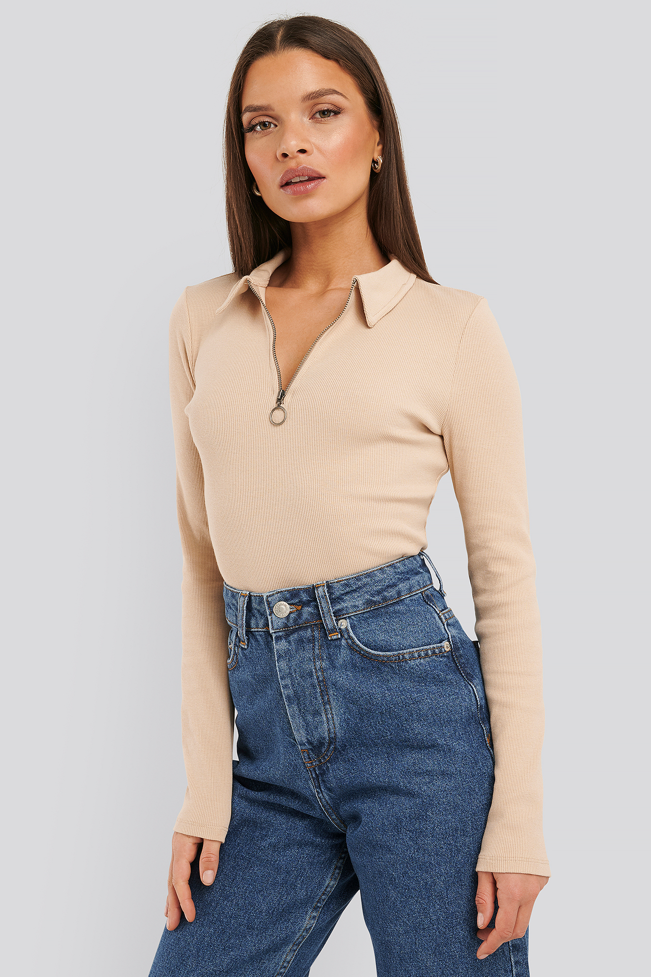 Zipped Ribbed Top Beige | NA-KD