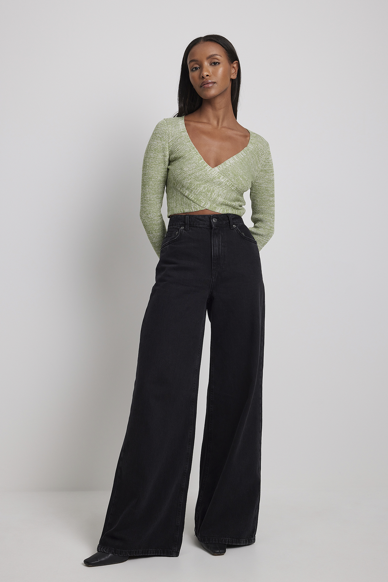 Overlap Long Sleeve Melange Top Green | na-kd.com