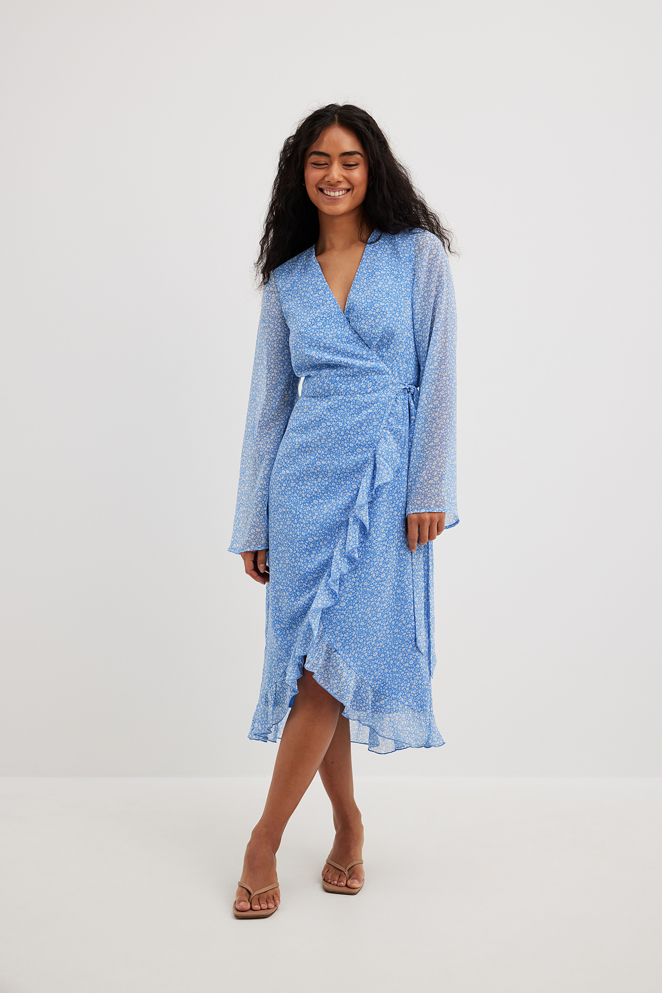 Overlap Tie Waist Midi Dress Blue | NA-KD