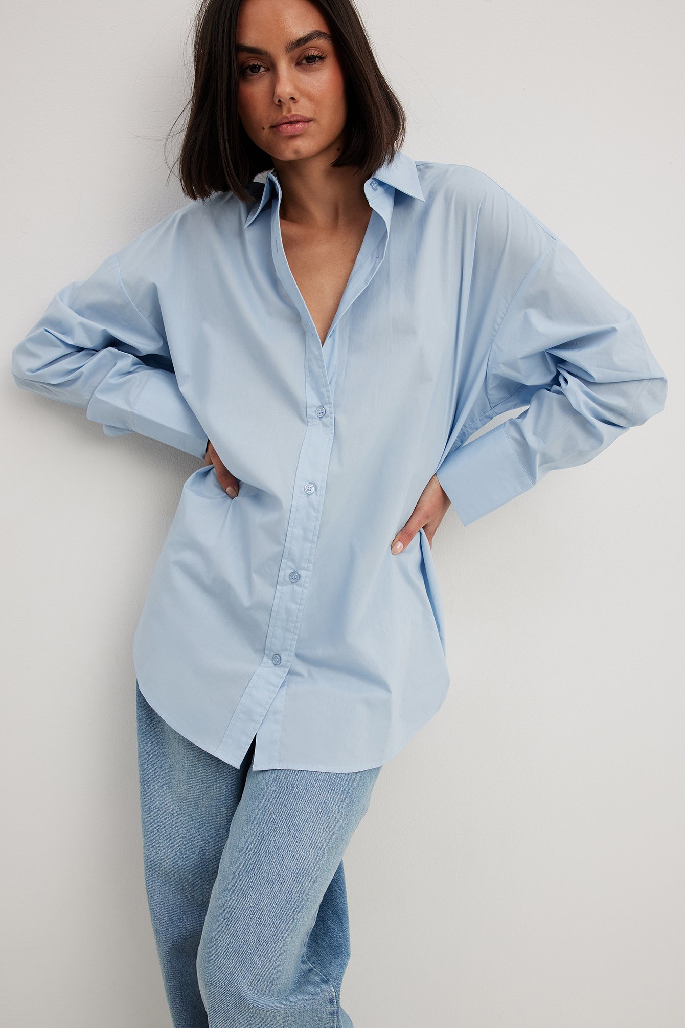 Oversized Long Sleeve Cotton Shirt Blue | NA-KD